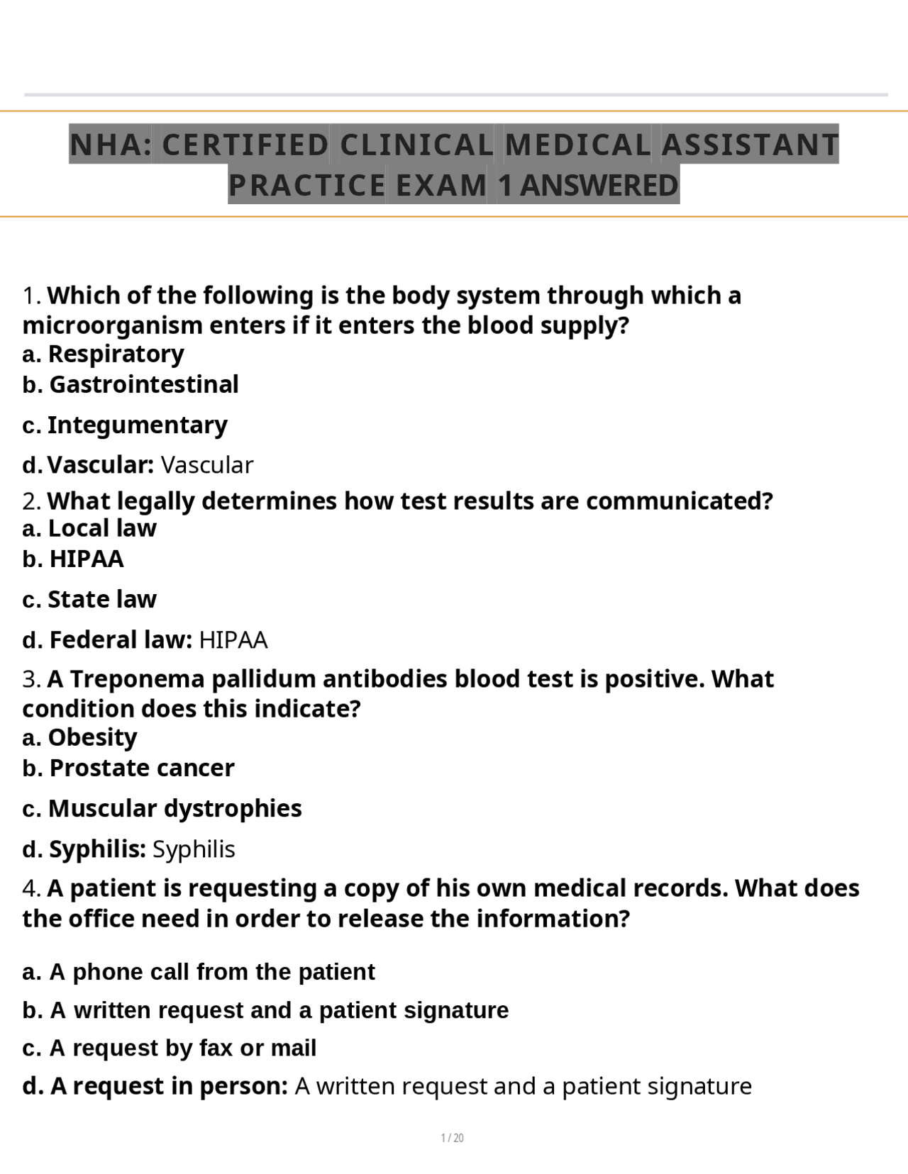 NHA: CERTIFIED CLINICAL MEDICAL ASSISTANT PRACTICE EXAM 1 ANSWERED ...