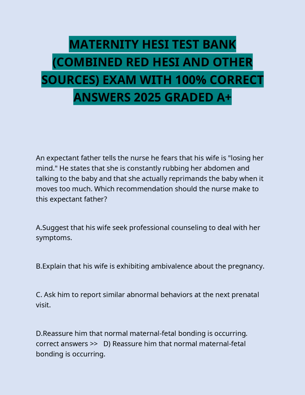 MATERNITY HESI TEST BANK (COMBINED RED HESI AND OTHER SOURCES) EXAM ...