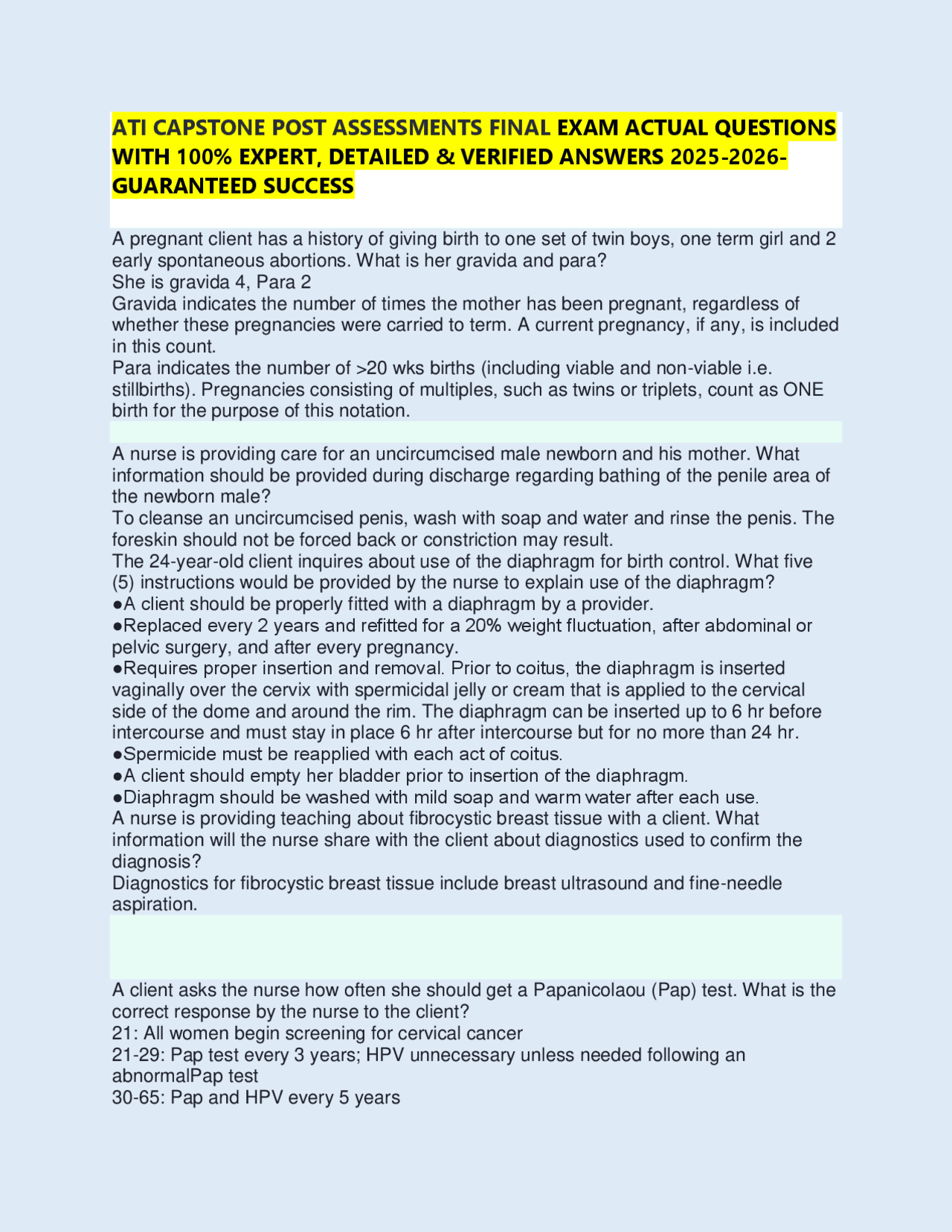 ATI CAPSTONE POST ASSESSMENTS FINAL EXAM ACTUAL QUESTIONS WITH 100% ...