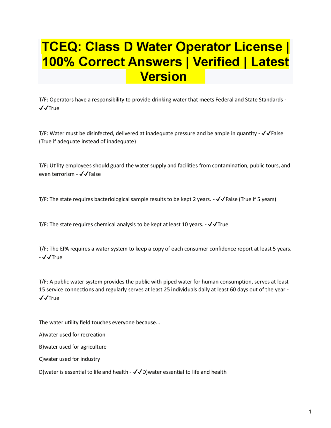 TCEQ Class D Water Operator License | 100% Correct Answers | Verified ...