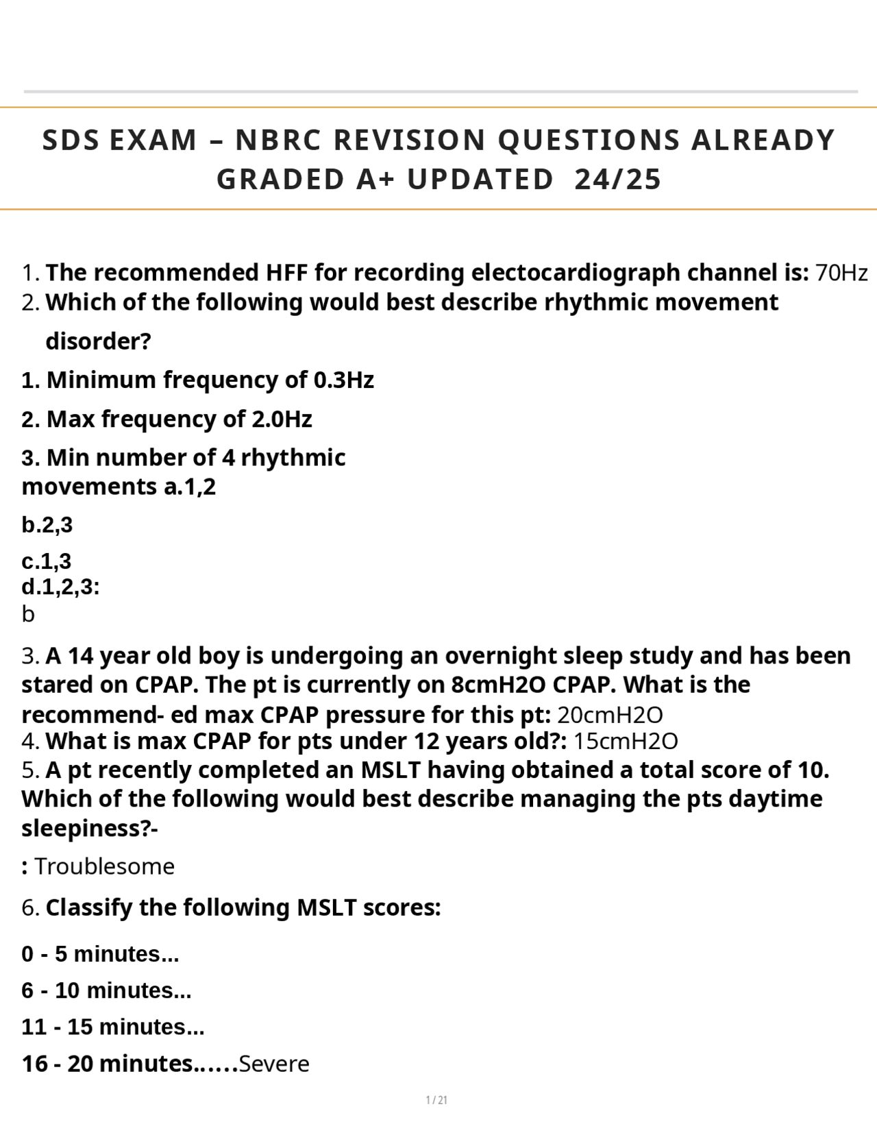 SDS EXAM – NBRC REVISION QUESTIONS ALREADY GRADED A+ UPDATED 24/25 ...