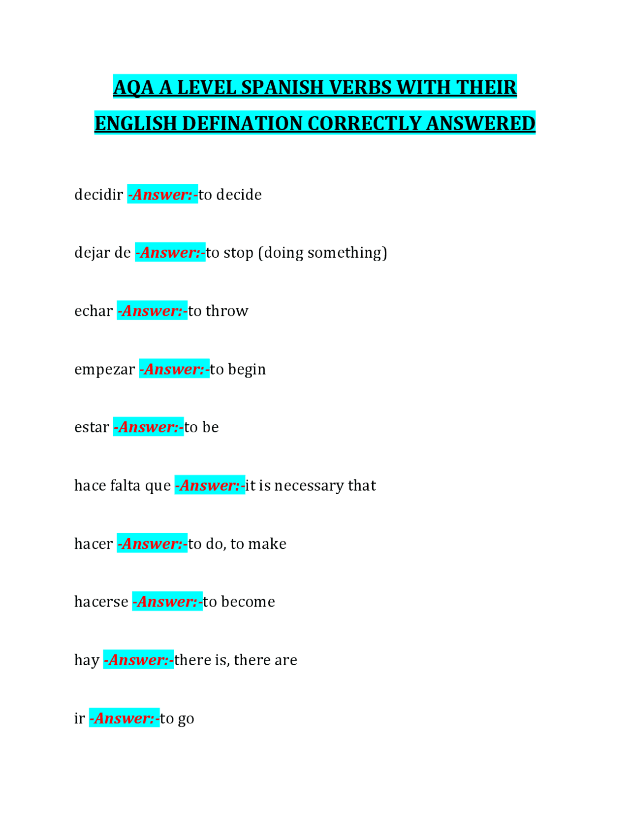 AQA A LEVEL SPANISH VERBS WITH THEIR ENGLISH DEFINATION CORRECTLY ...