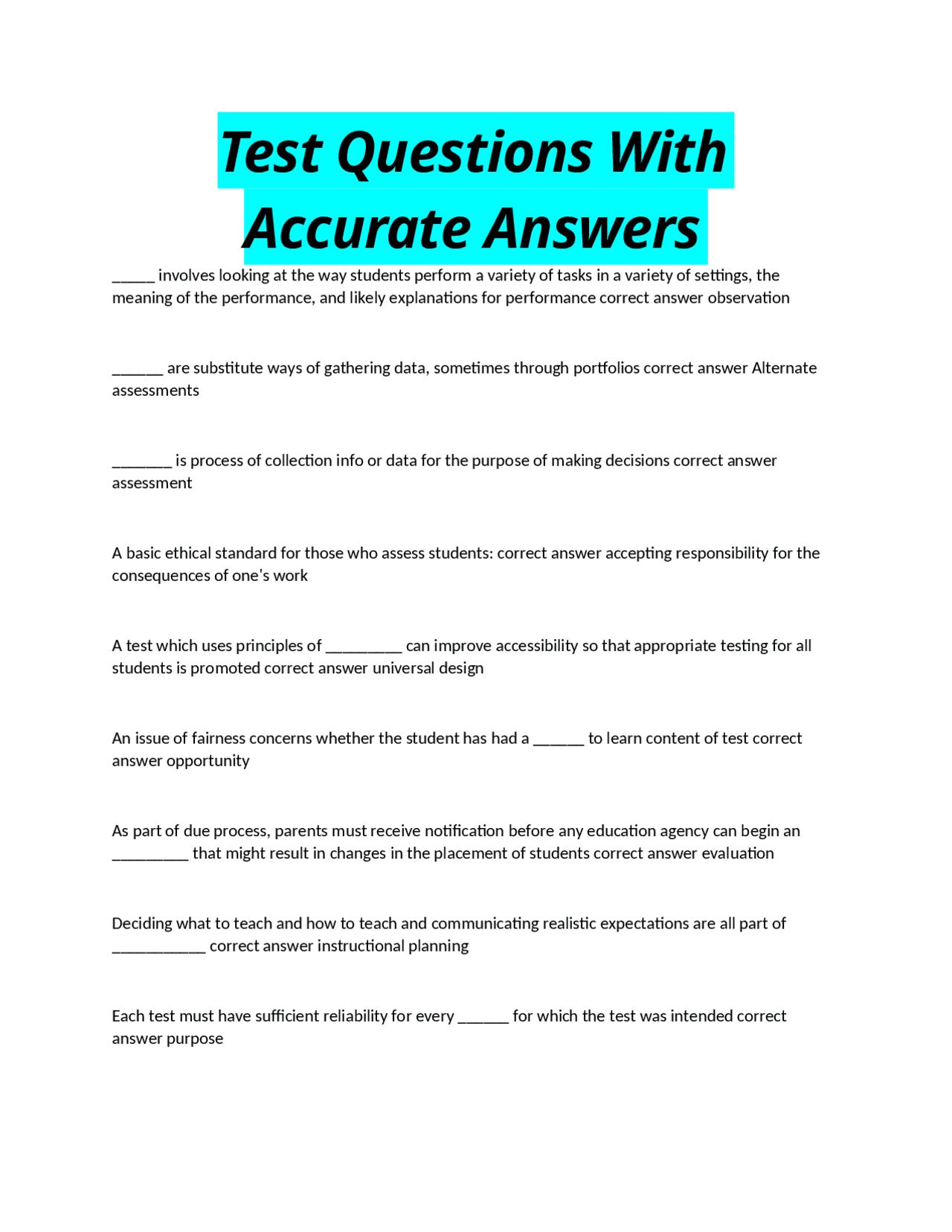 Test Questions With Accurate Answers | Exams Psychology | Docsity