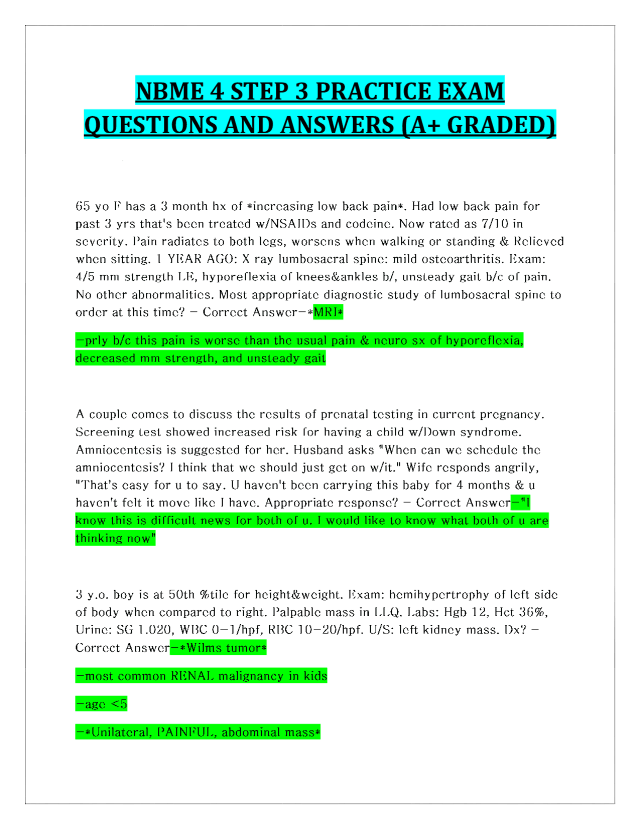 NBME 4 STEP 3 PRACTICE EXAM QUESTIONS AND ANSWERS (A+ GRADED) | Exams ...