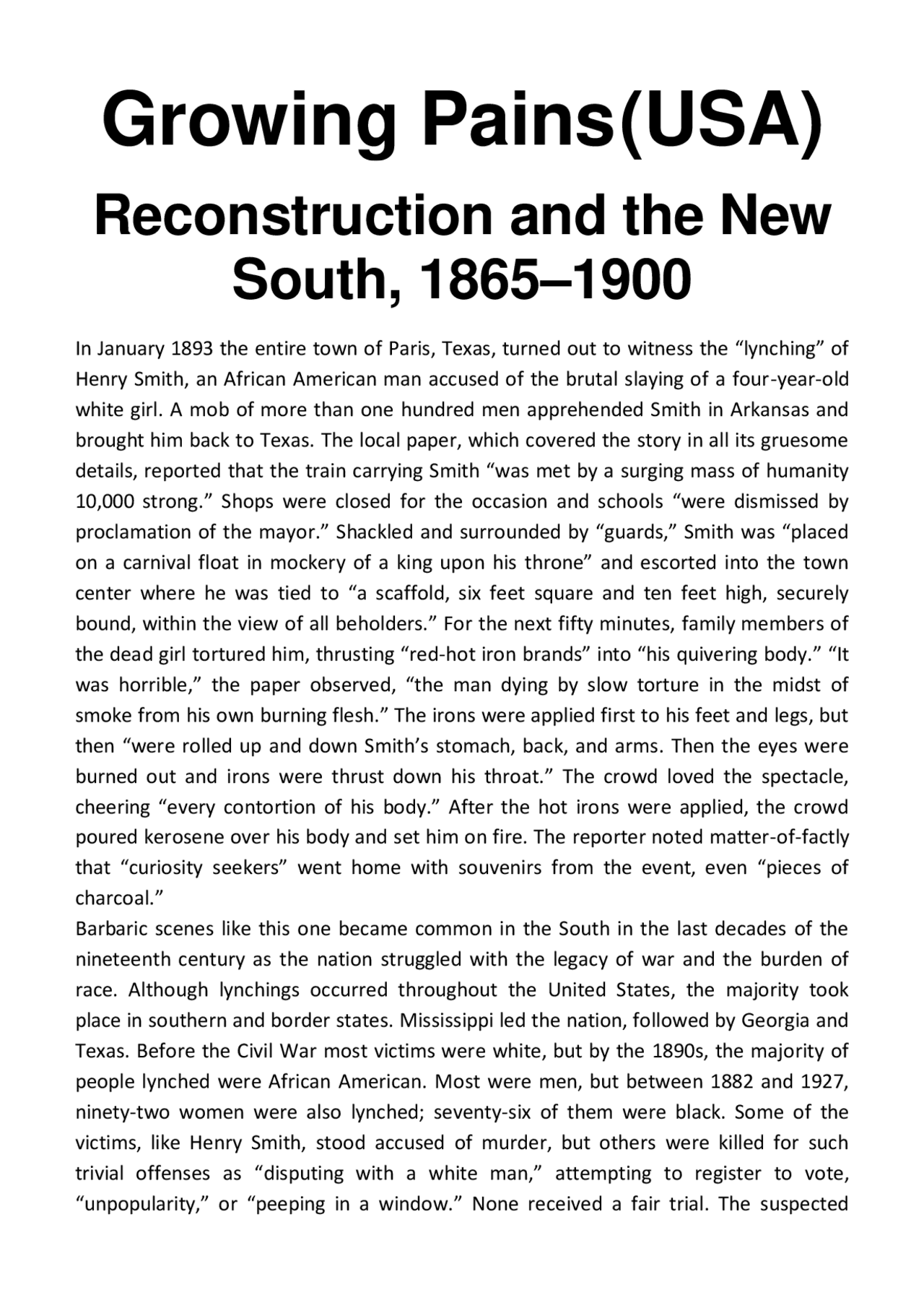 The New South and the New West, 1865-1900 | Transcriptions History ...