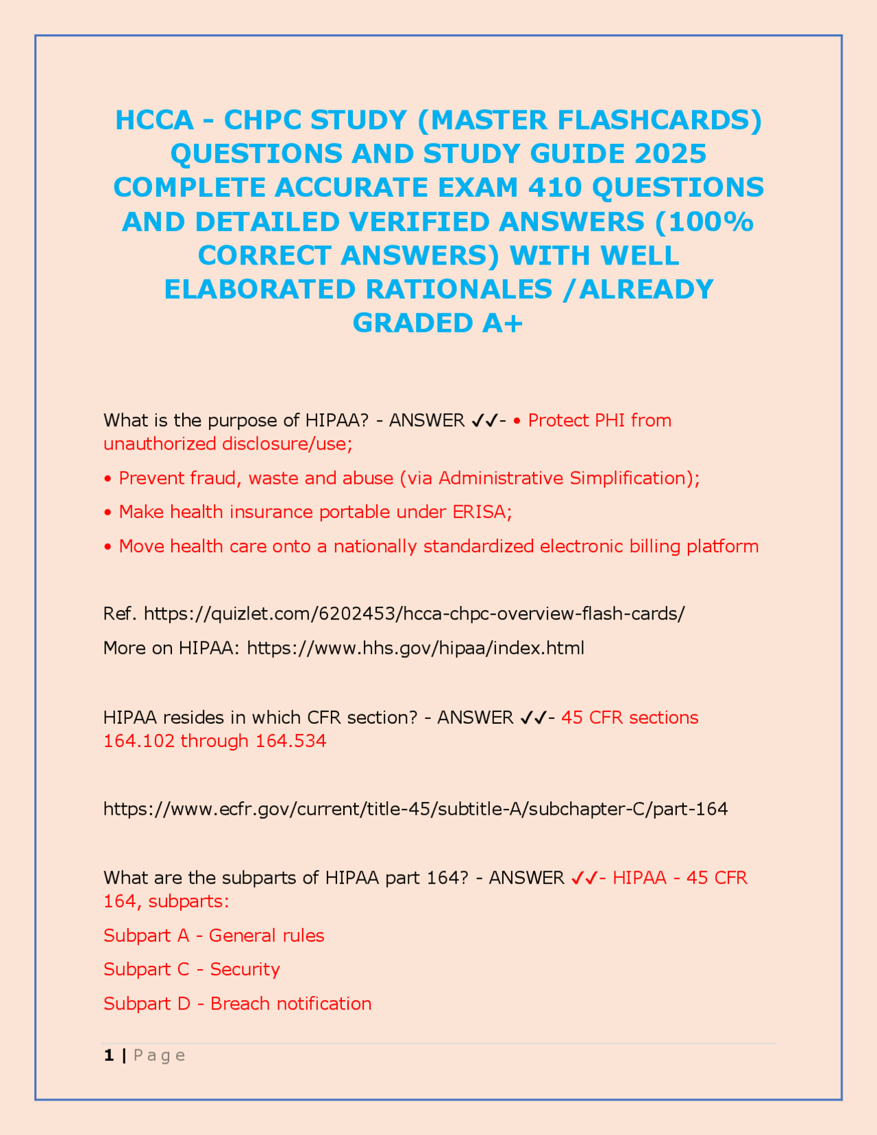 HCCA - CHPC STUDY (MASTER FLASHCARDS) | Exams Health sciences | Docsity