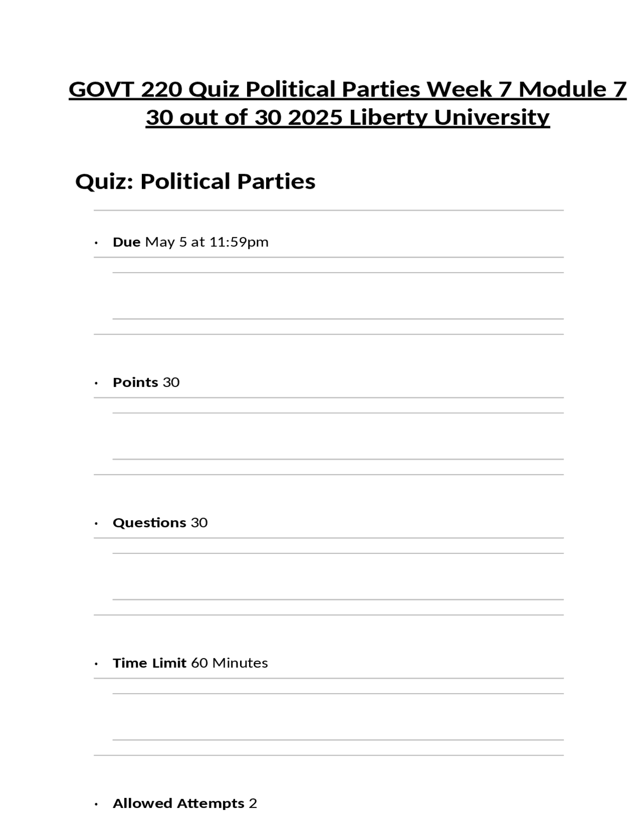 GOVT 220 Quiz Political Parties Week 7 Module 7 30 out of 30 2025 ...
