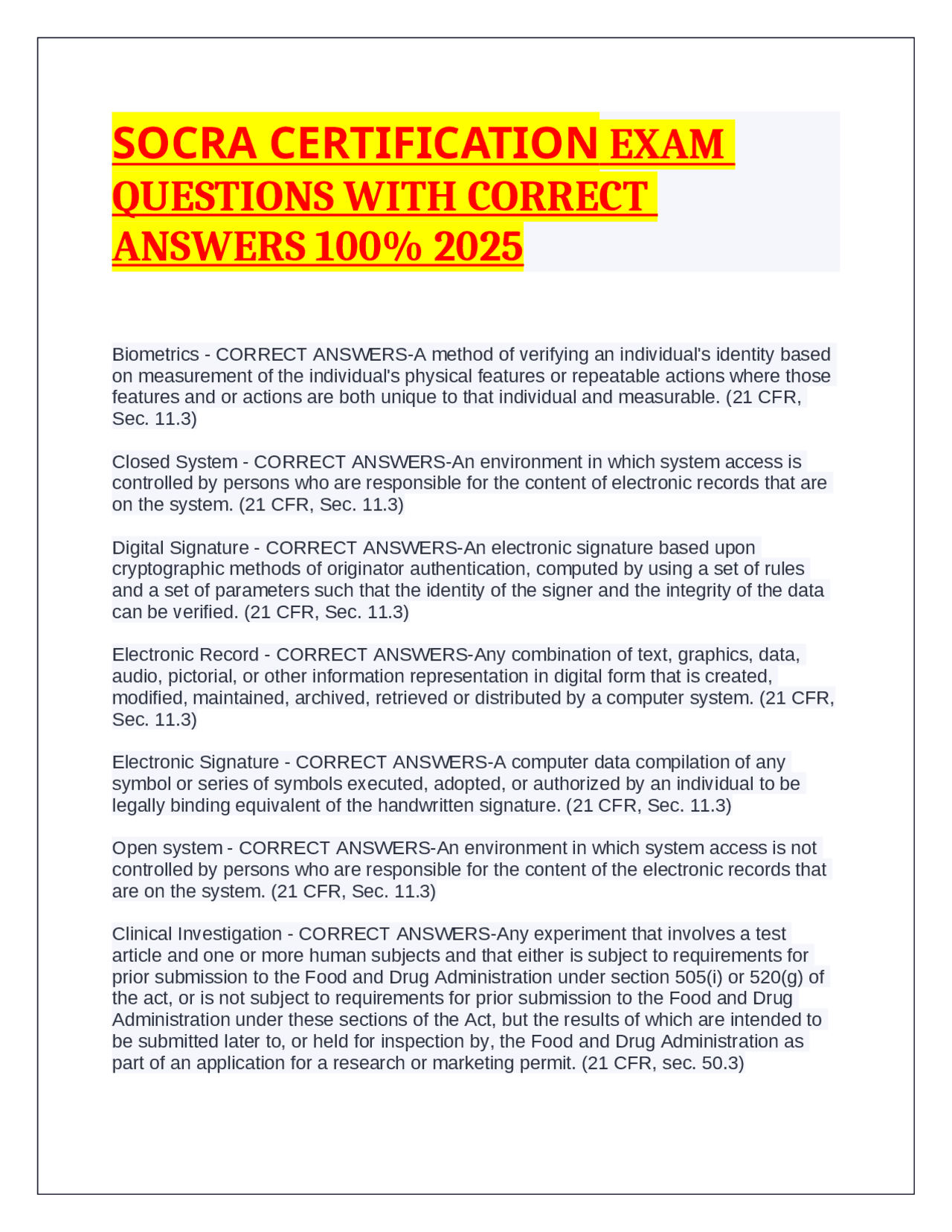 SOCRA CERTIFICATION EXAM QUESTIONS WITH CORRECT ANSWERS 100% 2025 ...