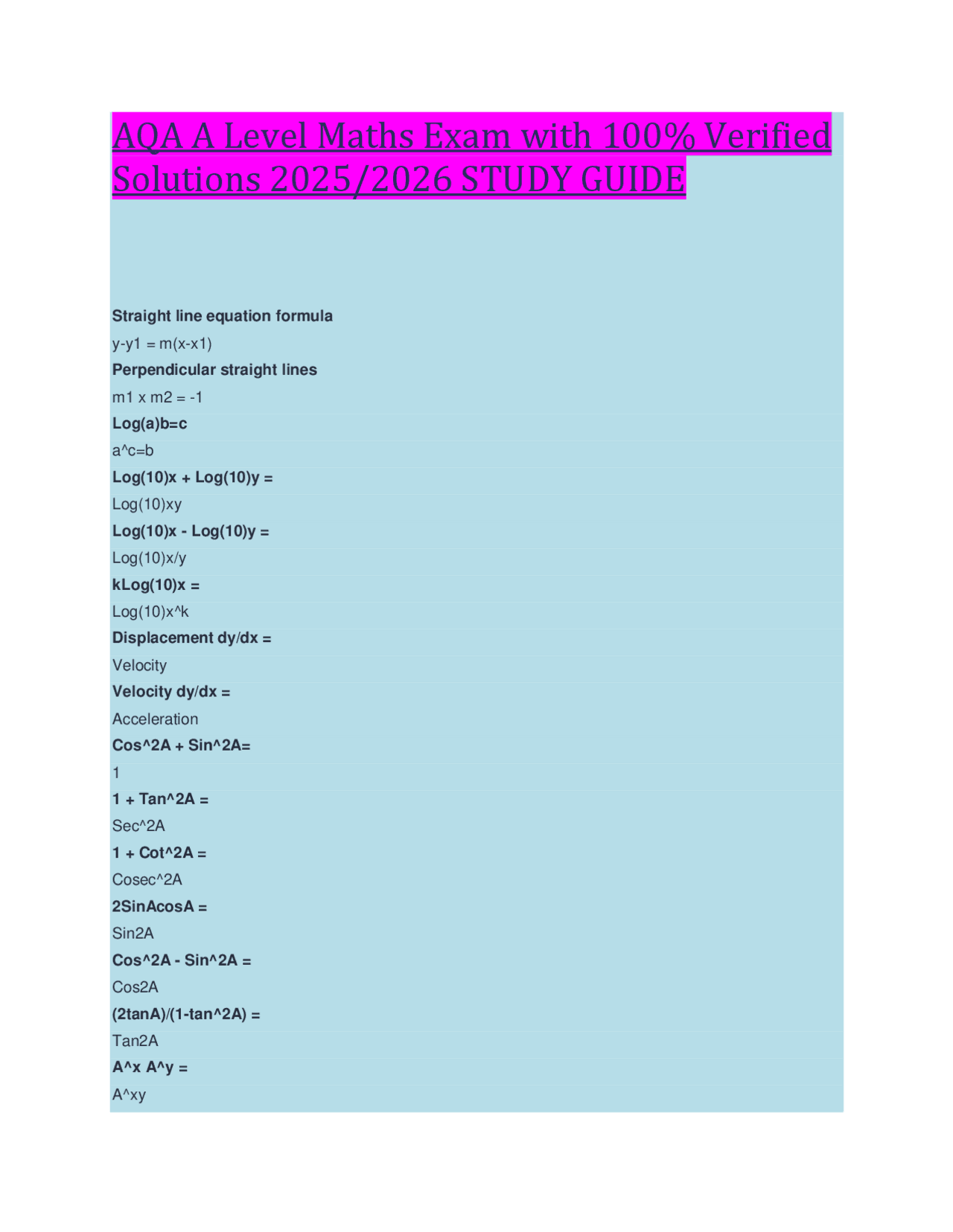 A-Level Maths Exam Formula Study Guide 2025/2026 | Exams Mathematics ...