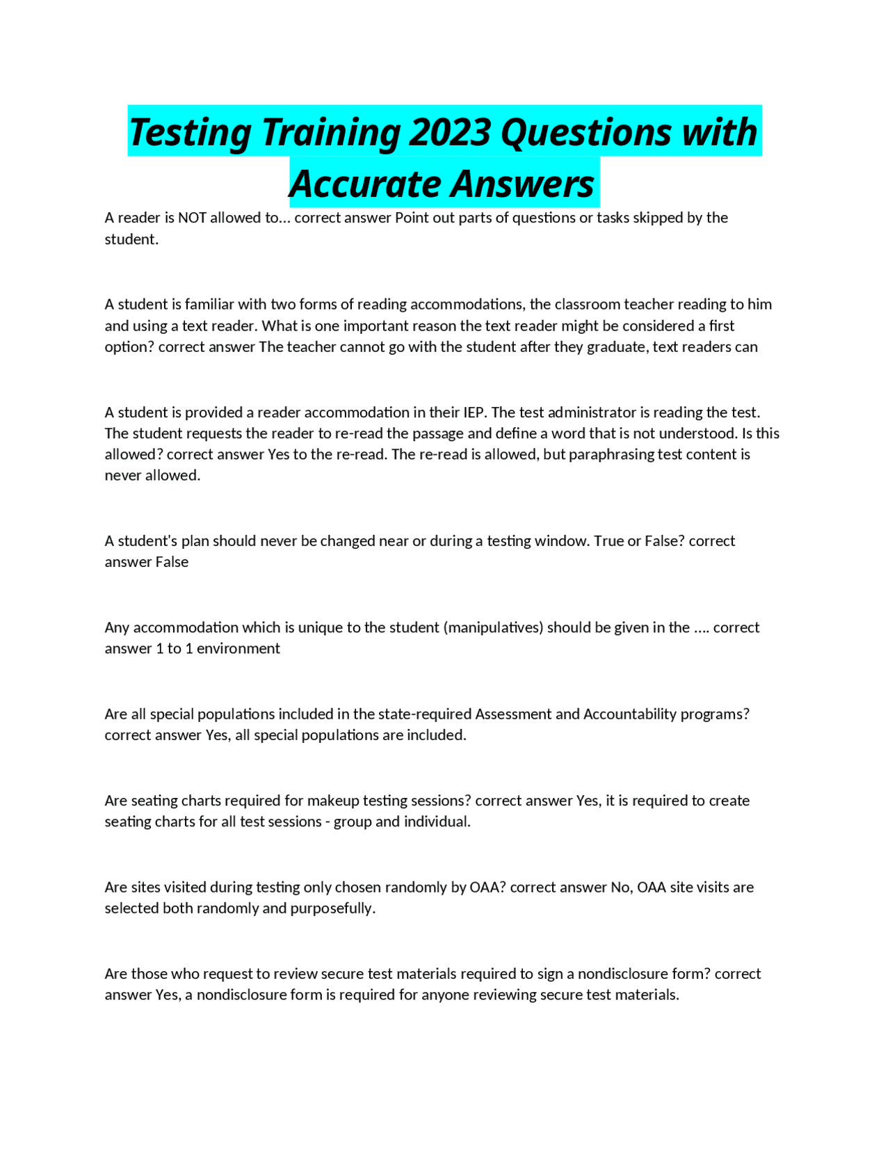 Testing Training 2023 Questions with Accurate Answers | Exams ...