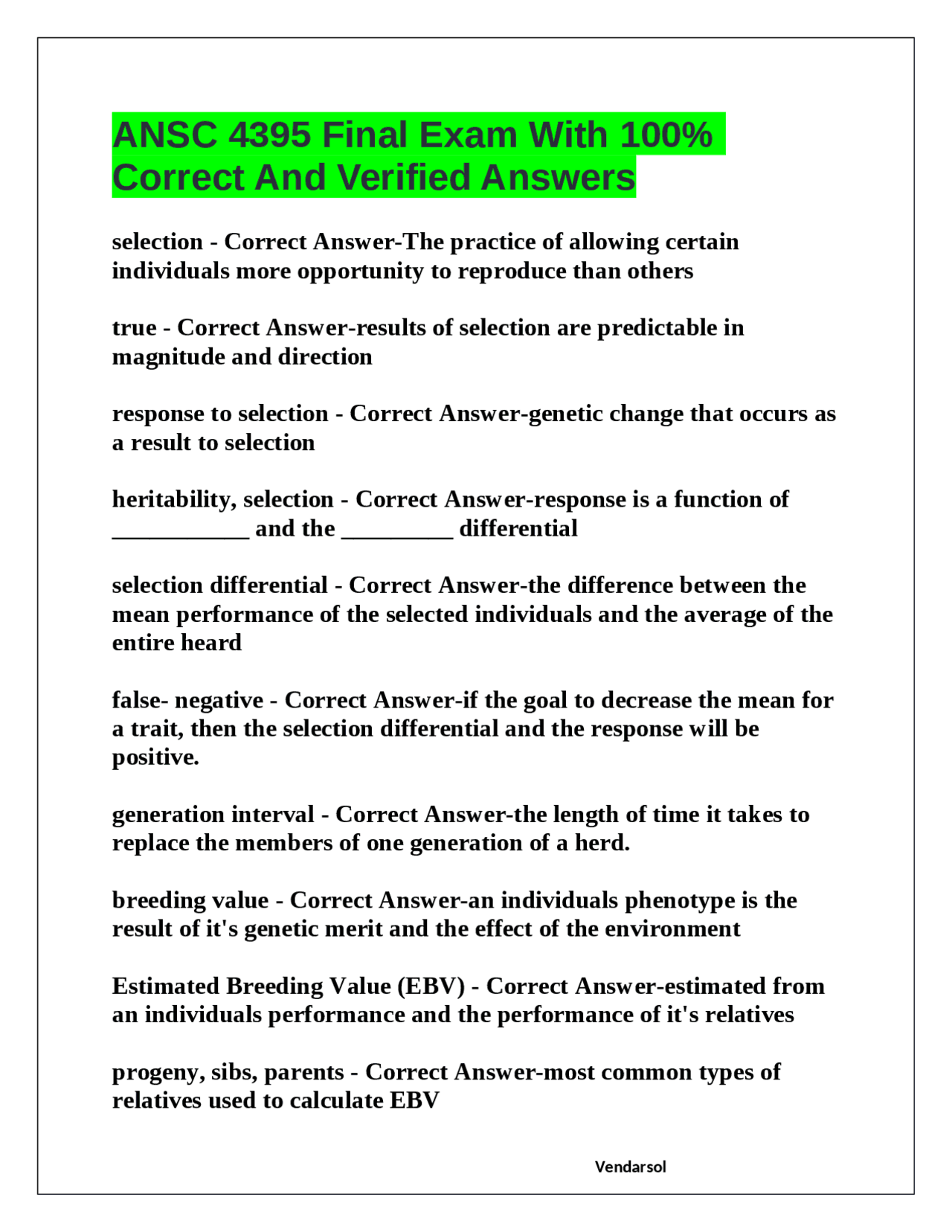 ANSC 4395 Final Exam With 100% Correct And Verified Answers | Exams ...