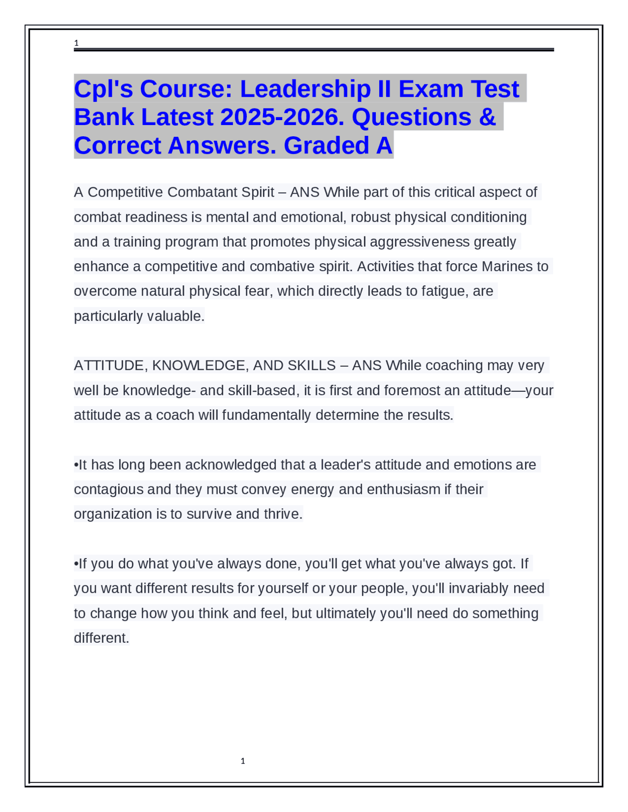 Cpl's Course: Leadership II Exam Test Bank Latest 2025-2026. Questions ...