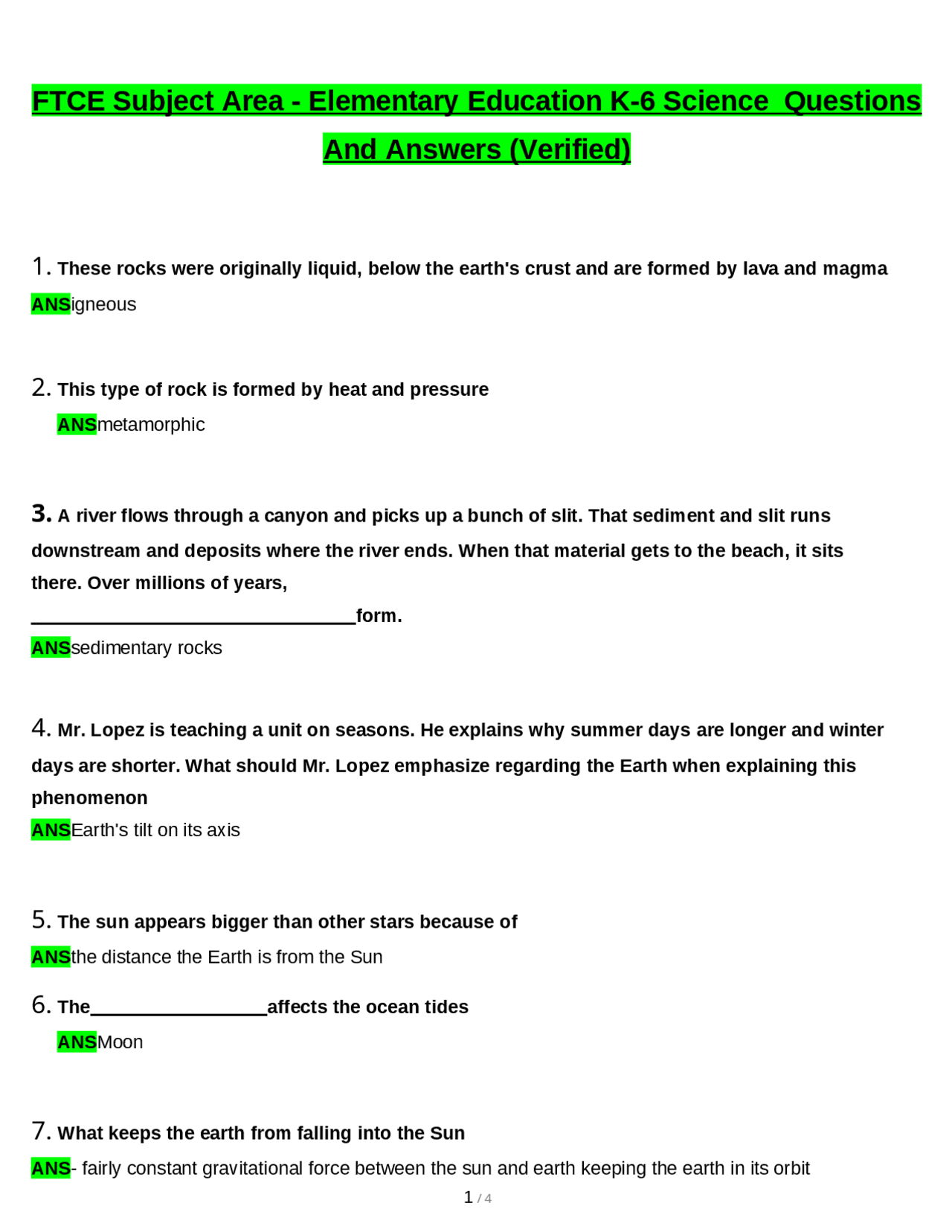 FTCE Subject Area - Elementary Education K-6 Science | Exams Nursing ...