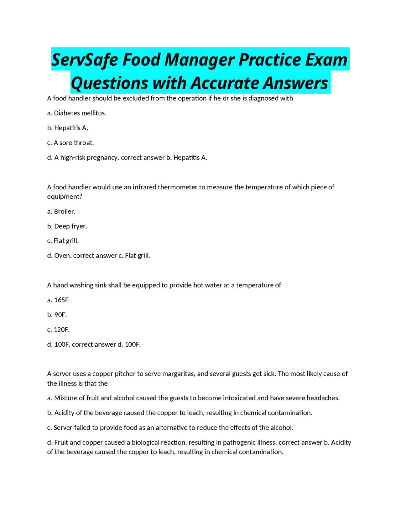 ServSafe Food Manager Practice Exam Questions with Accurate Answers ...
