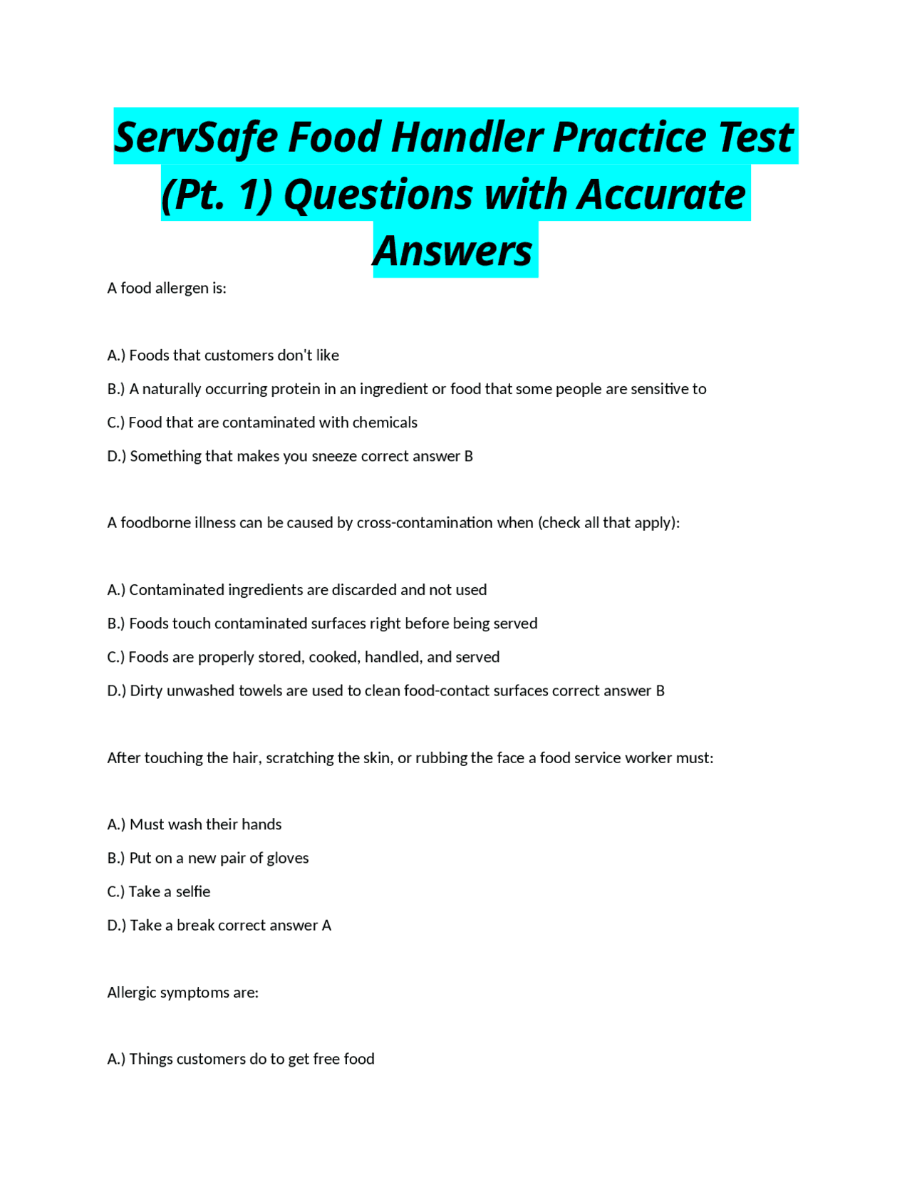 ServSafe Food Handler Practice Test (Pt. 1) Questions with Accurate ...