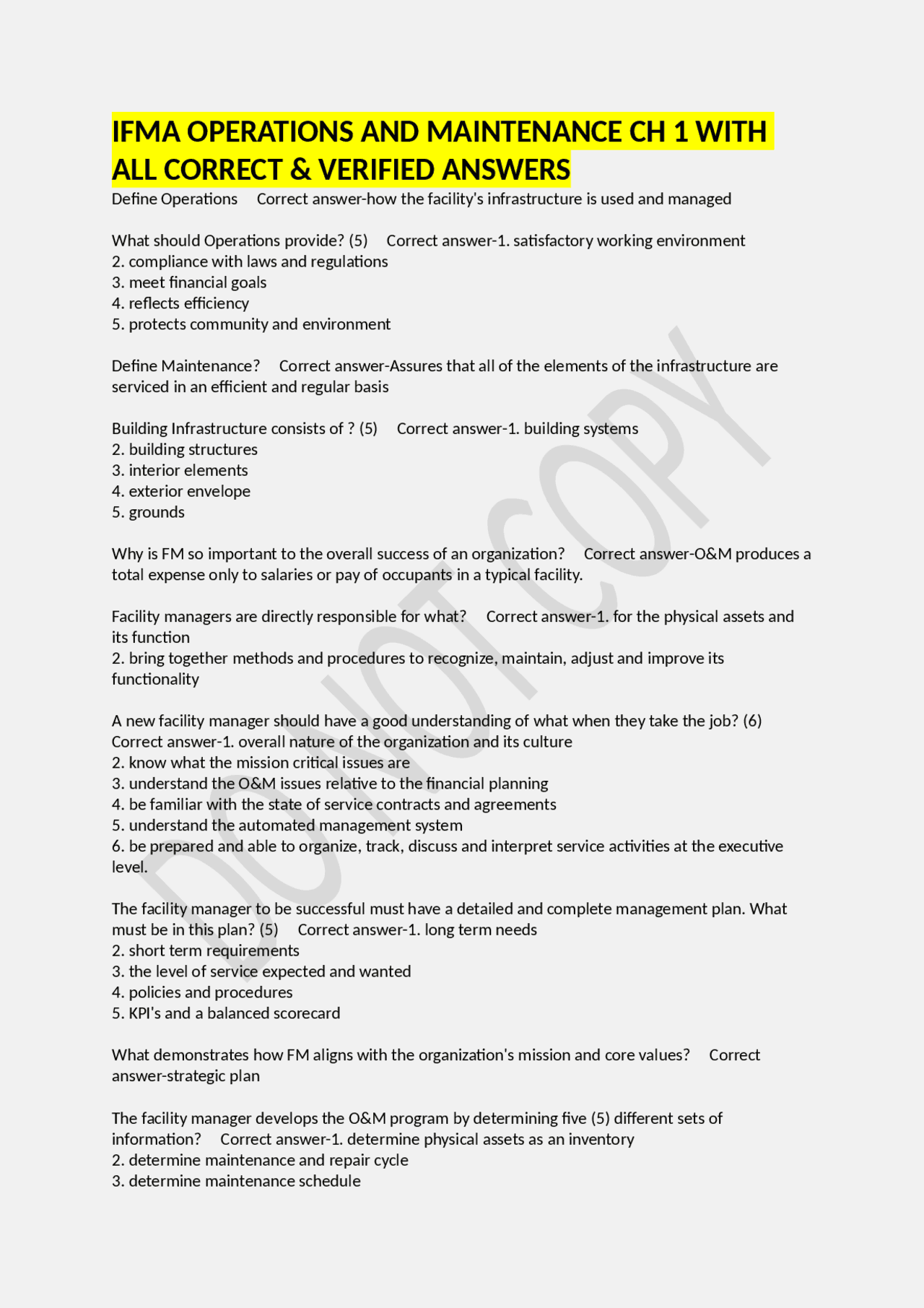 IFMA OPERATIONS AND MAINTENANCE CH 1 WITH ALL CORRECT & VERIFIED ANSWERS | Exams Leadership and ...