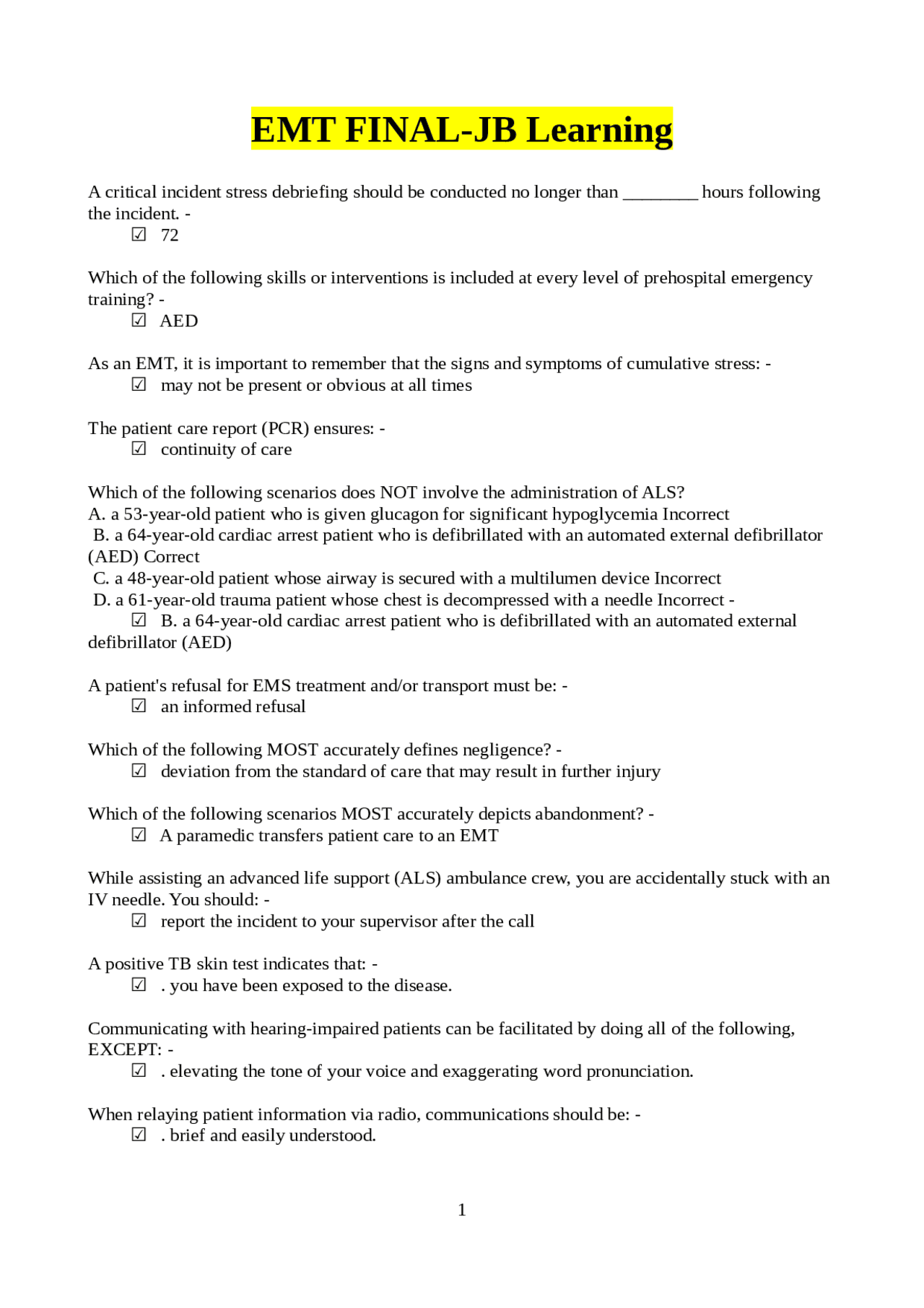 EMT FINAL-JB Learning | Exams Medical Sciences | Docsity