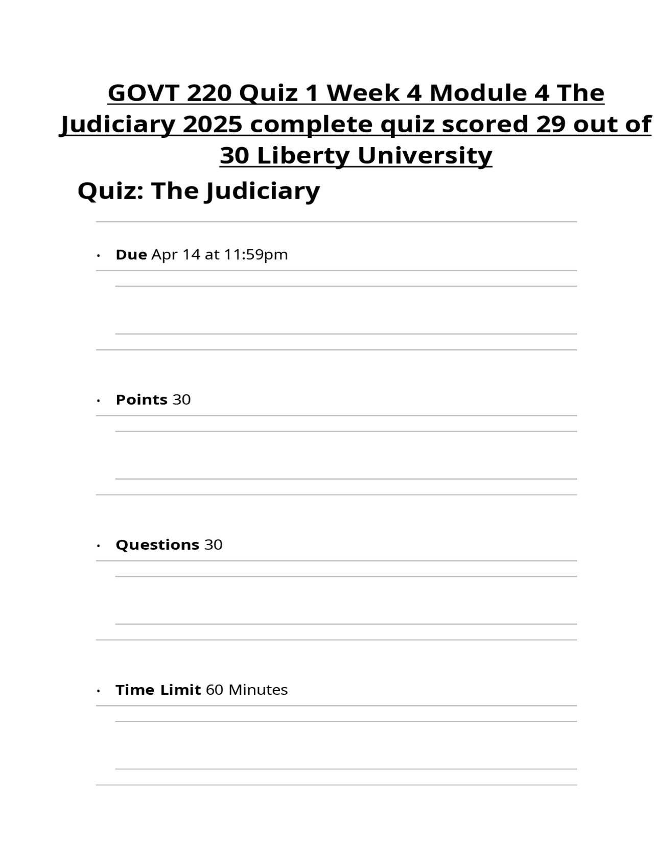 GOVT 220 Quiz 1 Week 4 Module 4 The Judiciary 2025 complete quiz scored ...