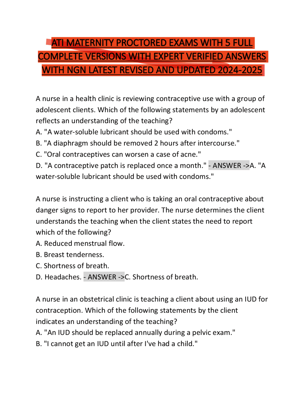 MATERNITY ATI PROCTORED EXAMS WITH 5 FULL COMPLETE VERSIONS WITH EXPERT ...