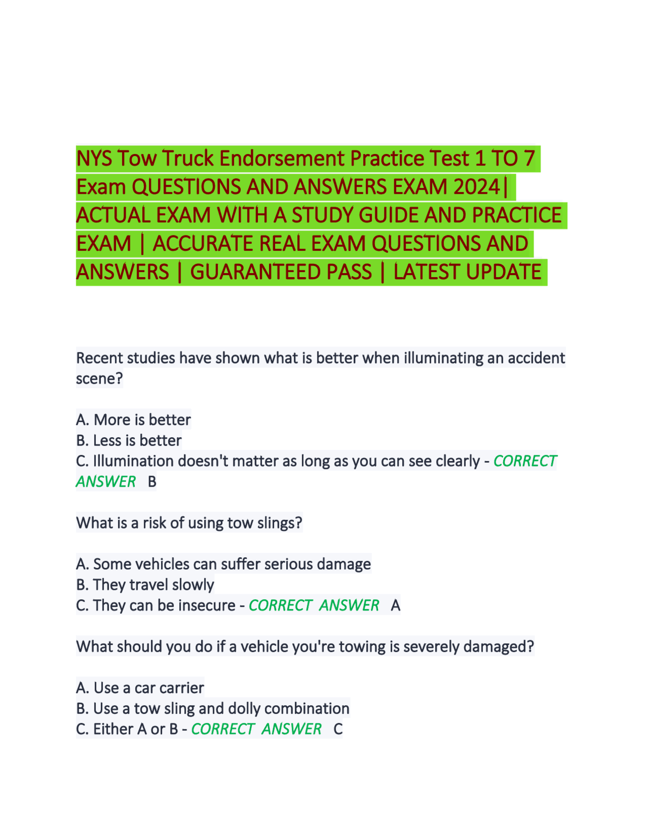 NYS Tow Truck Endorsement Practice Test 1 TO 7 Exam QUESTIONS AND ...
