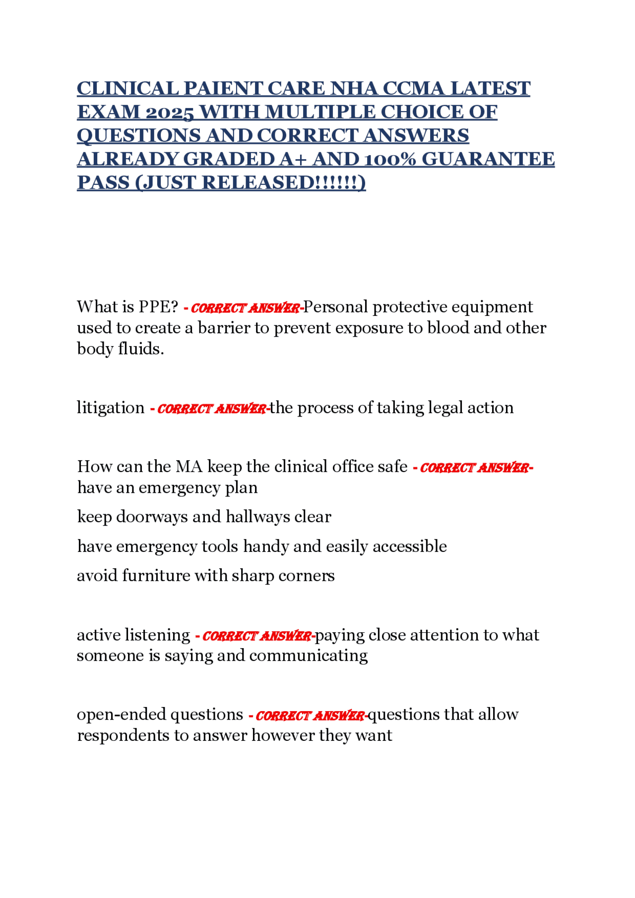 CLINICAL PATIENT CARE NHA CCMA LATEST EXAM 2025 WITH CHOICE OF ...