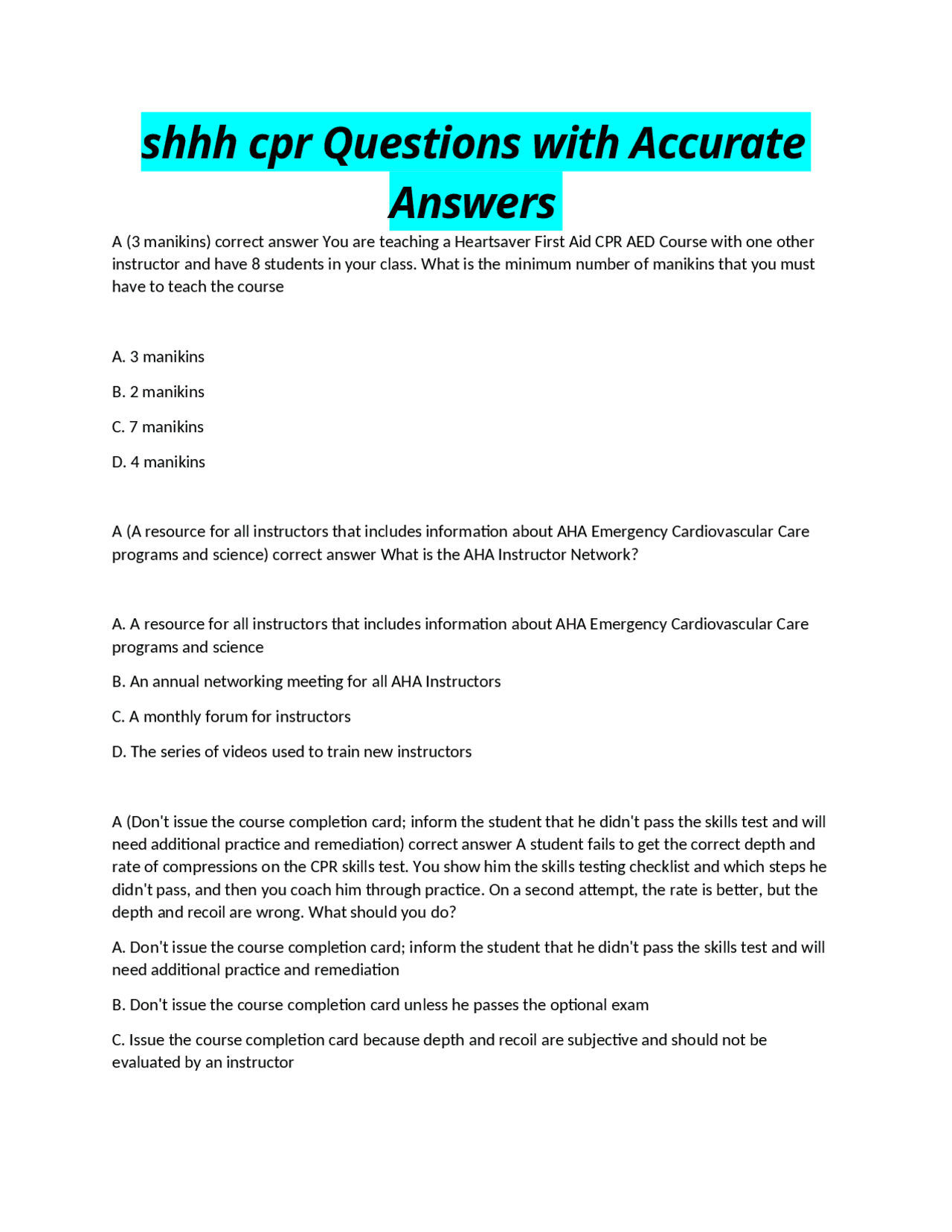 CPR Instructor Exam Questions and Answers | Exams Psychology | Docsity