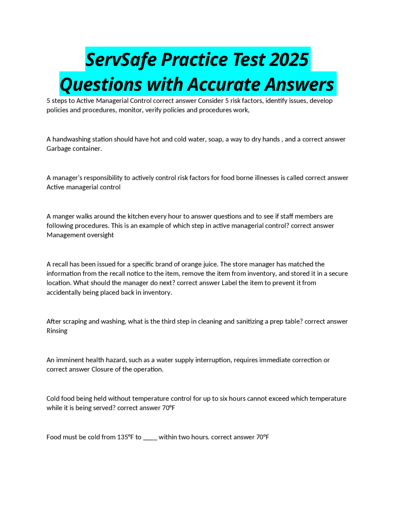ServSafe Practice Test 2025 Questions with Accurate Answers | Exams ...