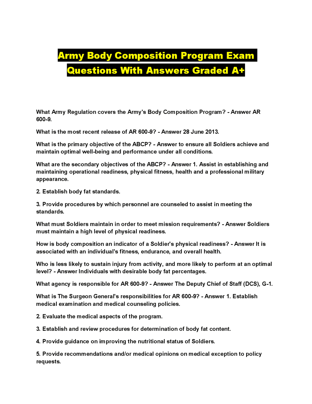 Army Body Composition Program Exam Questions With Answers Graded A+ ...