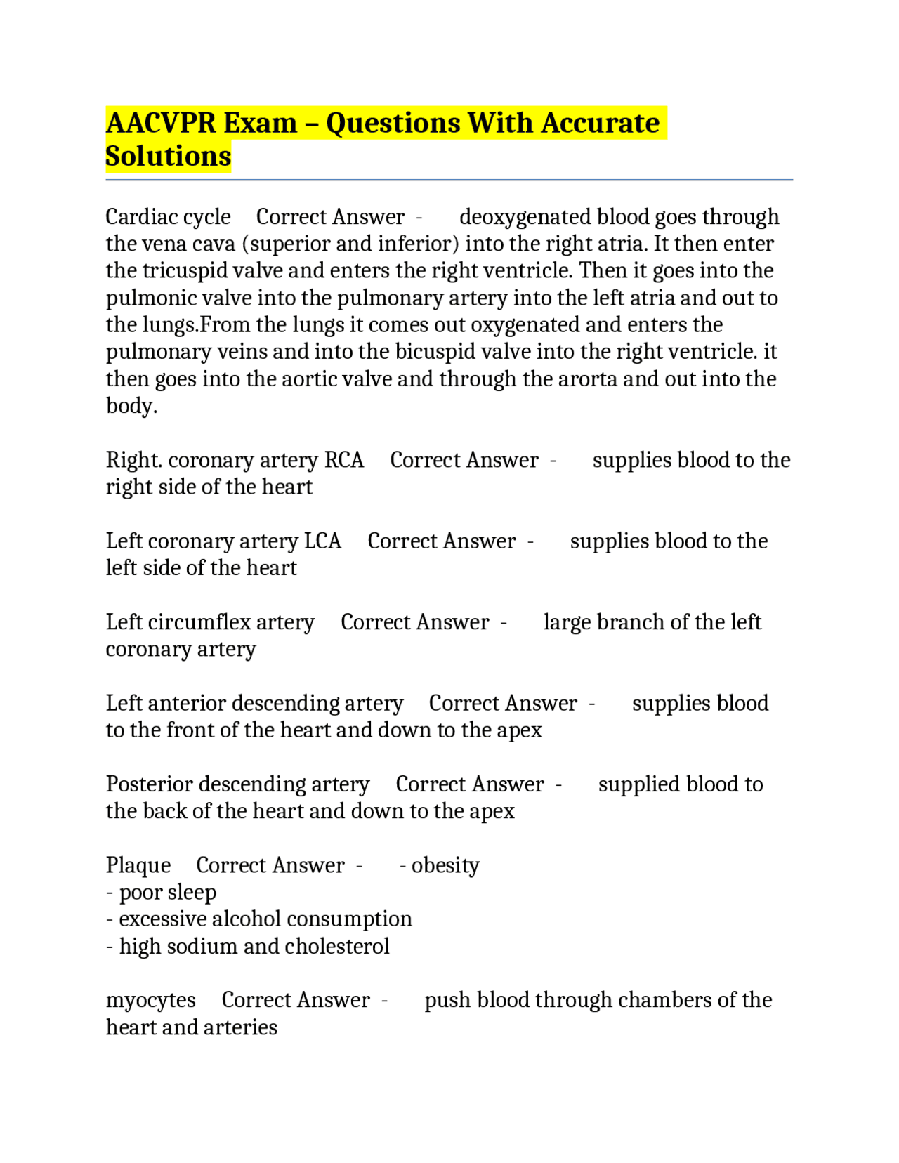 AACVPR Exam – Questions With Accurate Solutions | Exams Nursing | Docsity