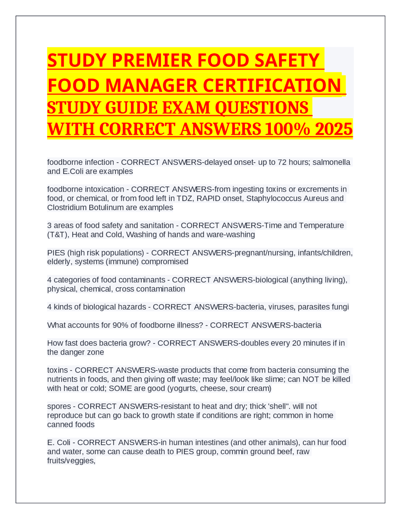 STUDY PREMIER FOOD SAFETY FOOD MANAGER CERTIFICATION STUDY GUIDE EXAM ...