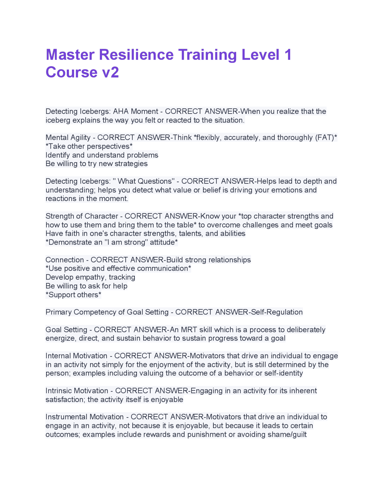 Master Resilience Training Level 1 Course v2 All Possible Questions and ...