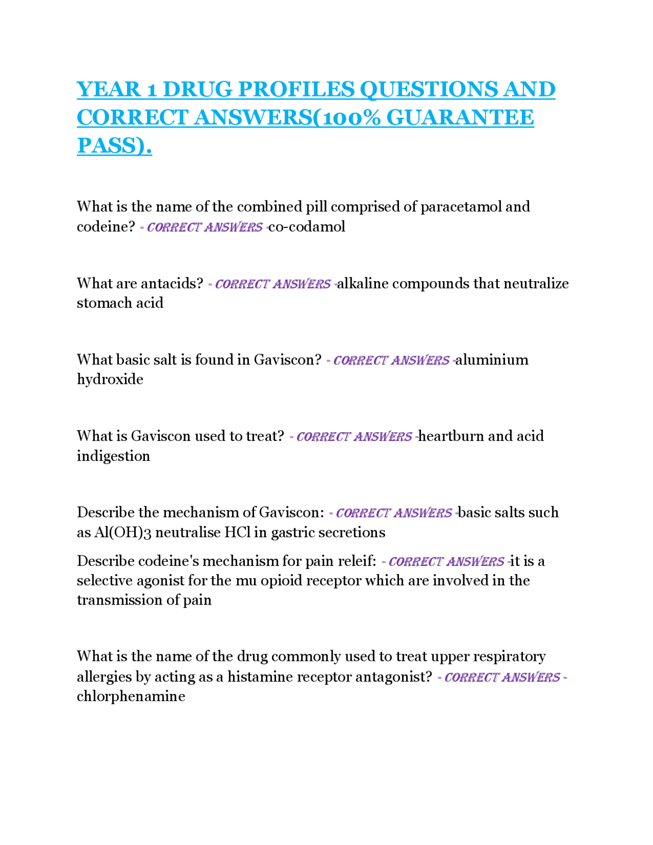 YEAR 1 DRUG PROFILES QUESTIONS AND CORRECT ANSWERS(100% GUARANTEE PASS ...