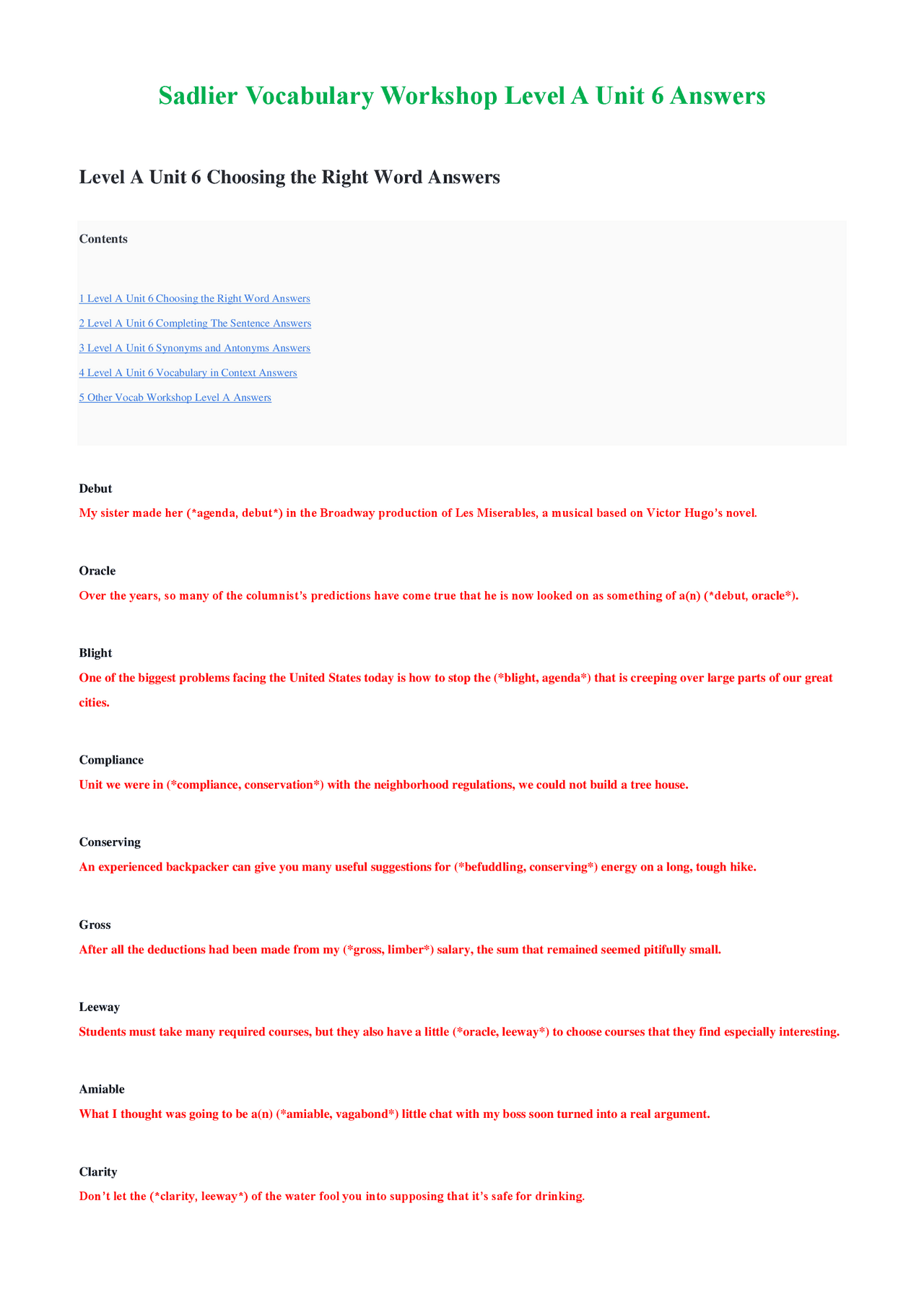 Vocabulary Workshop Level A Unit 6 Answers: Enhance Your Word Power ...