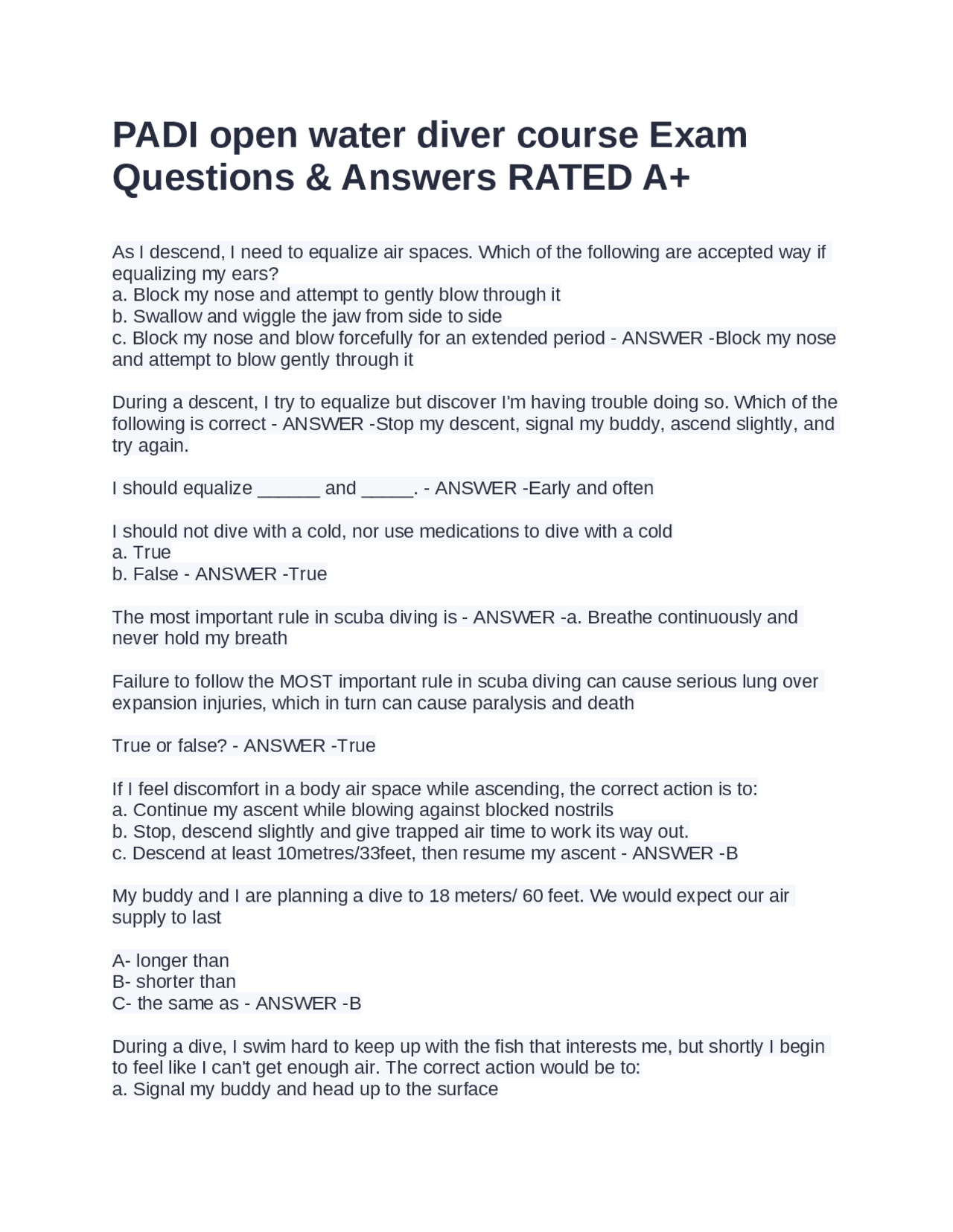 PADI Open Water Diver Exam: Questions & Answers for Scuba Certification ...