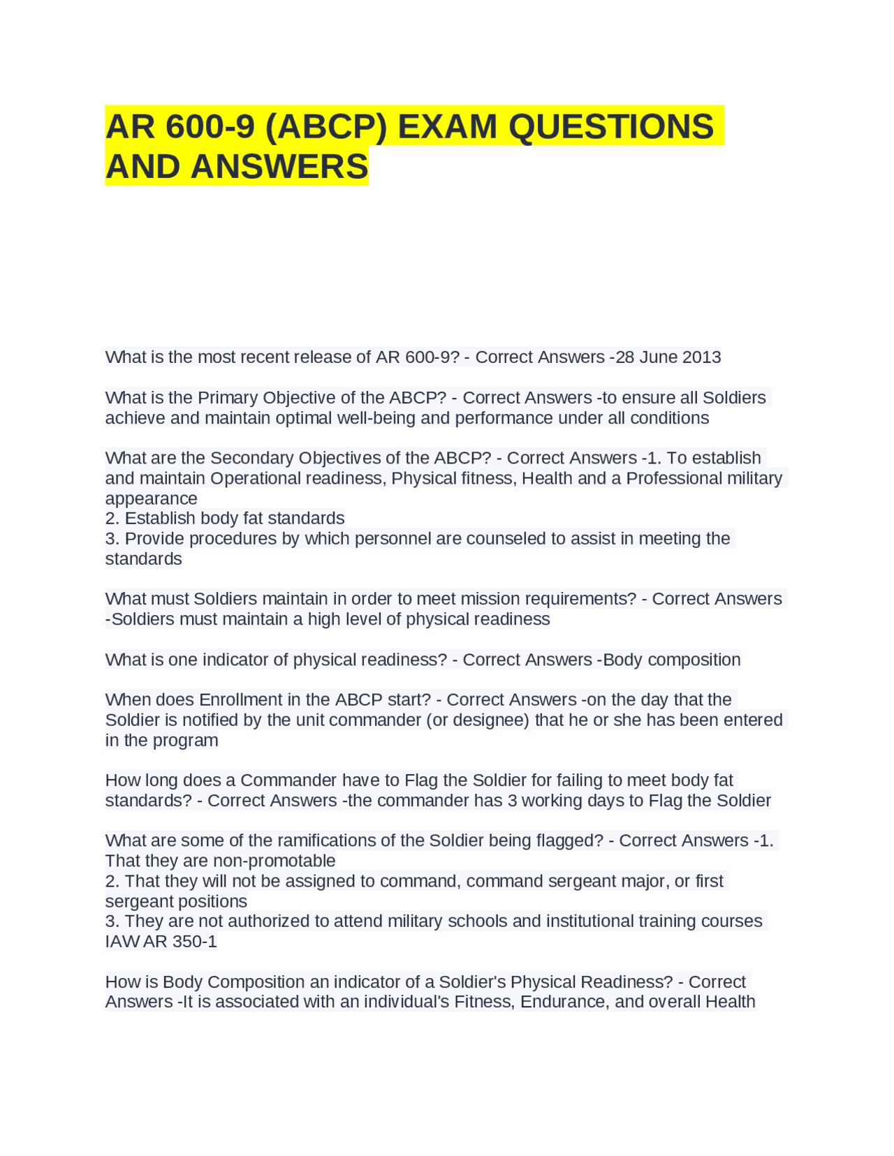 AR 600-9 (ABCP) EXAM QUESTIONS AND ANSWERS | Exams Advanced Education | Docsity