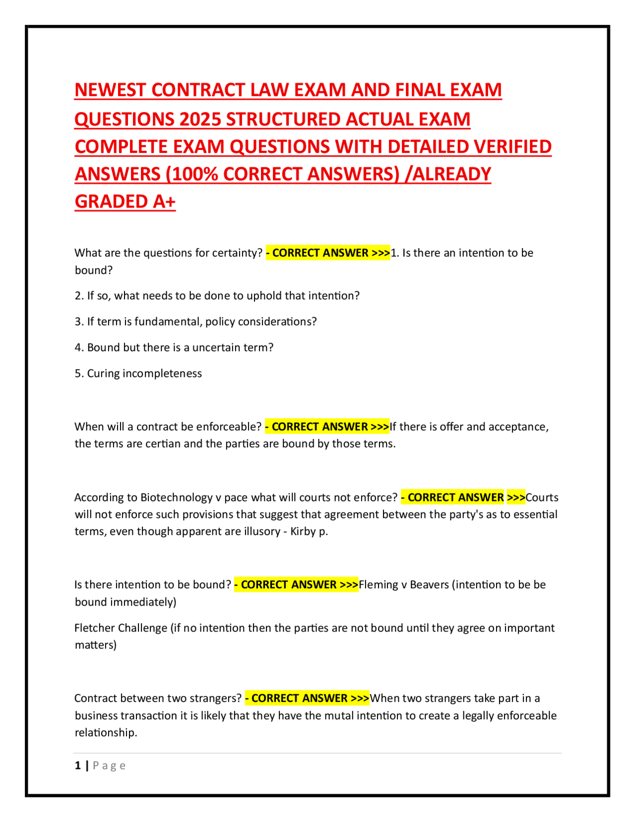 NEWEST CONTRACT LAW EXAM AND FINAL EXAM QUESTIONS 2025 STRUCTURED ...
