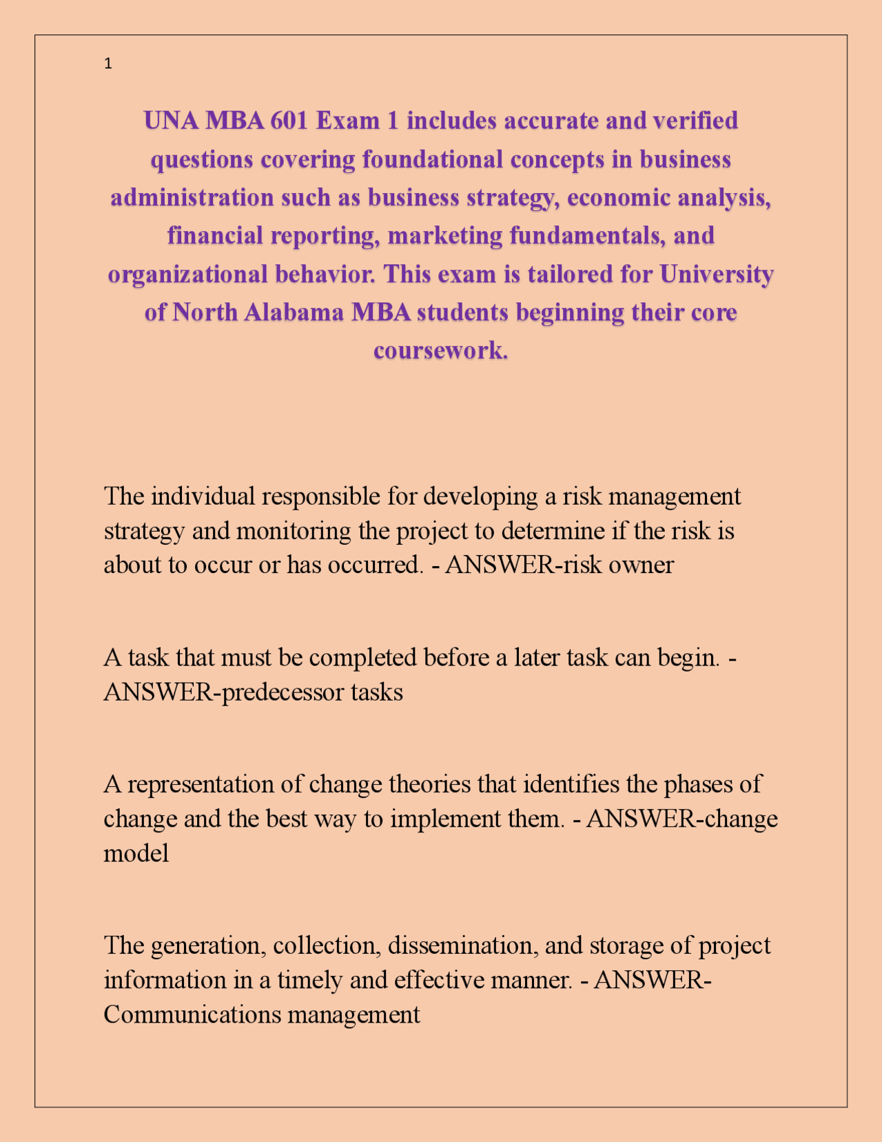 UNA MBA 601 Exam 1 includes accurate and verified questions covering ...