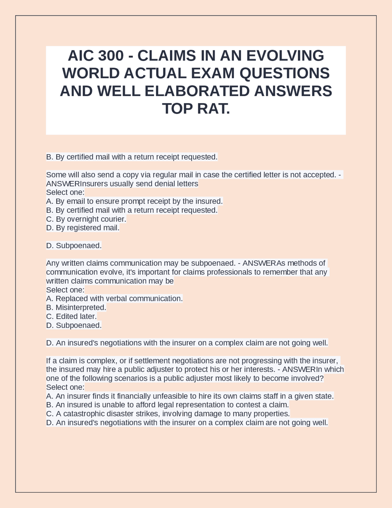 AIC 300 - CLAIMS IN AN EVOLVING WORLD ACTUAL EXAM QUESTIONS AND WELL ...