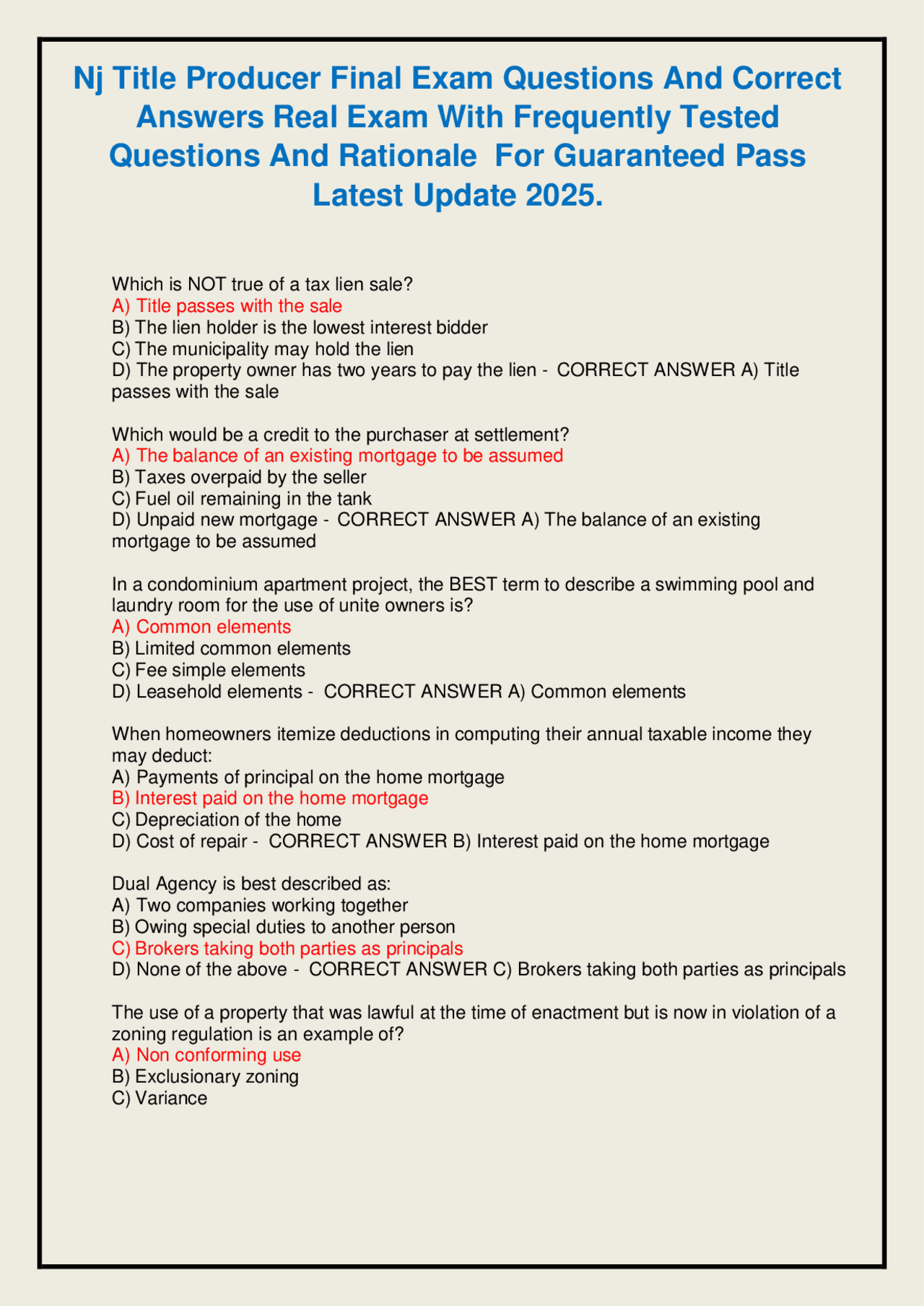 Nj Title Producer Final Exam Questions And Correct Answers Real Exam ...