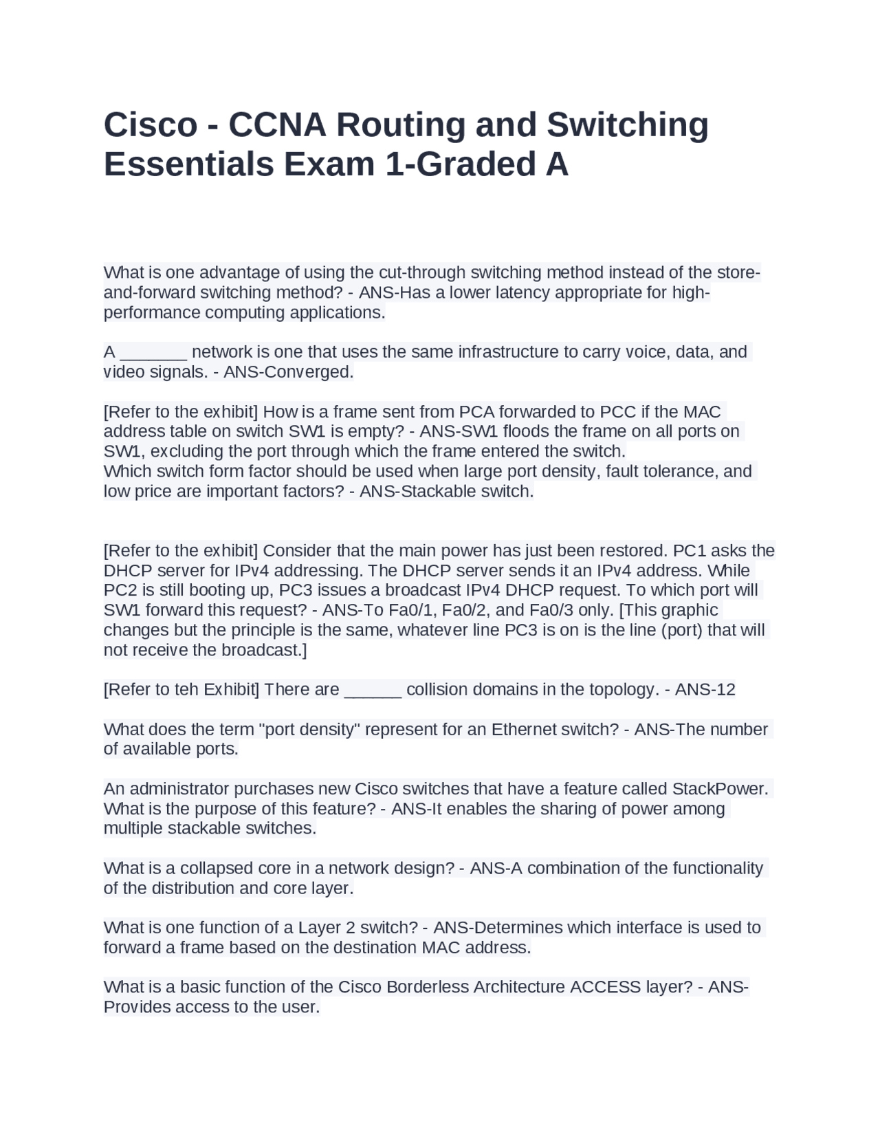 Cisco - CCNA Routing and Switching Essentials Exam 1-Graded A | Exams ...