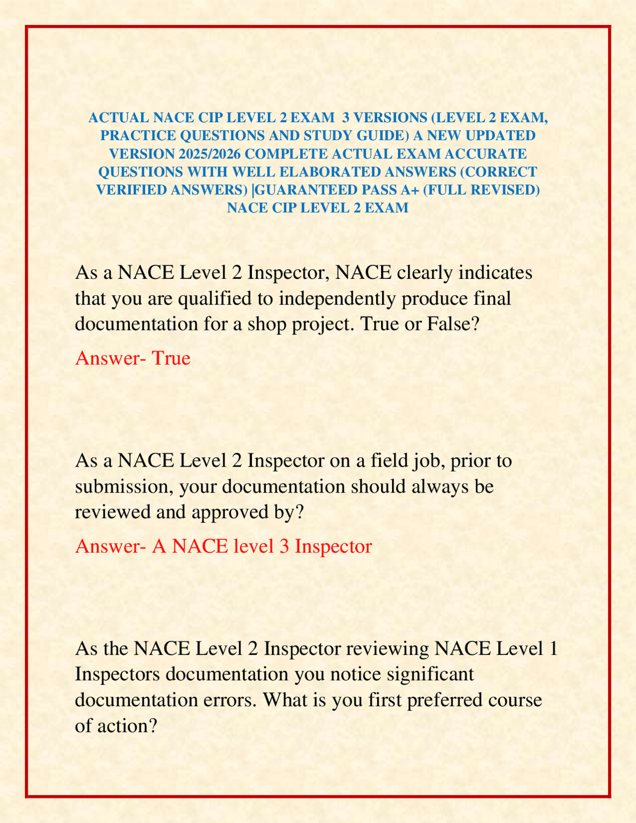 ACTUAL NACE CIP LEVEL 2 EXAM 3 VERSIONS (LEVEL 2 EXAM, PRACTICE ...