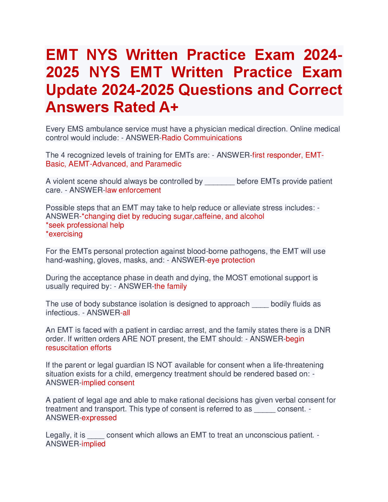 EMT NYS Written Practice Exam 2024 2025 NYS EMT Written Practice Exam ...
