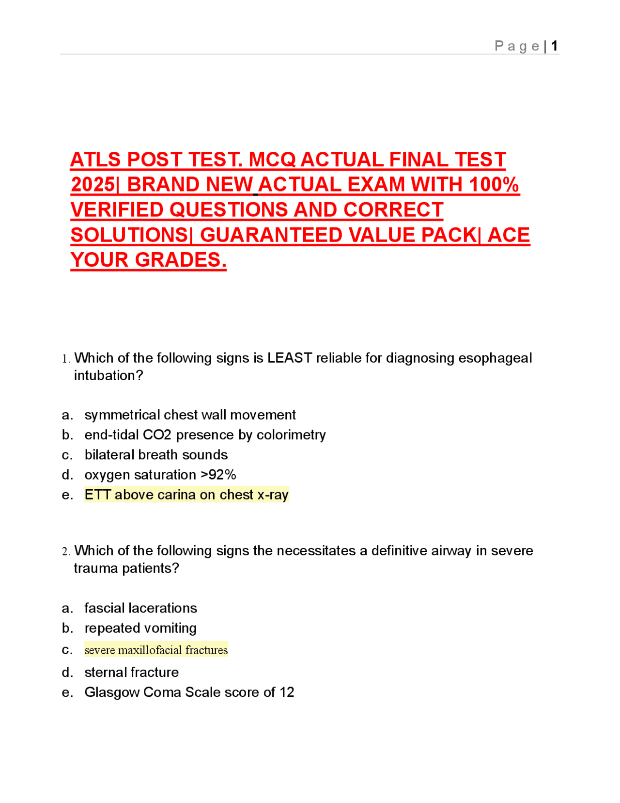 ATLS POST TEST. MCQ ACTUAL FINAL TEST 2025| BRAND NEW ACTUAL EXAM ...