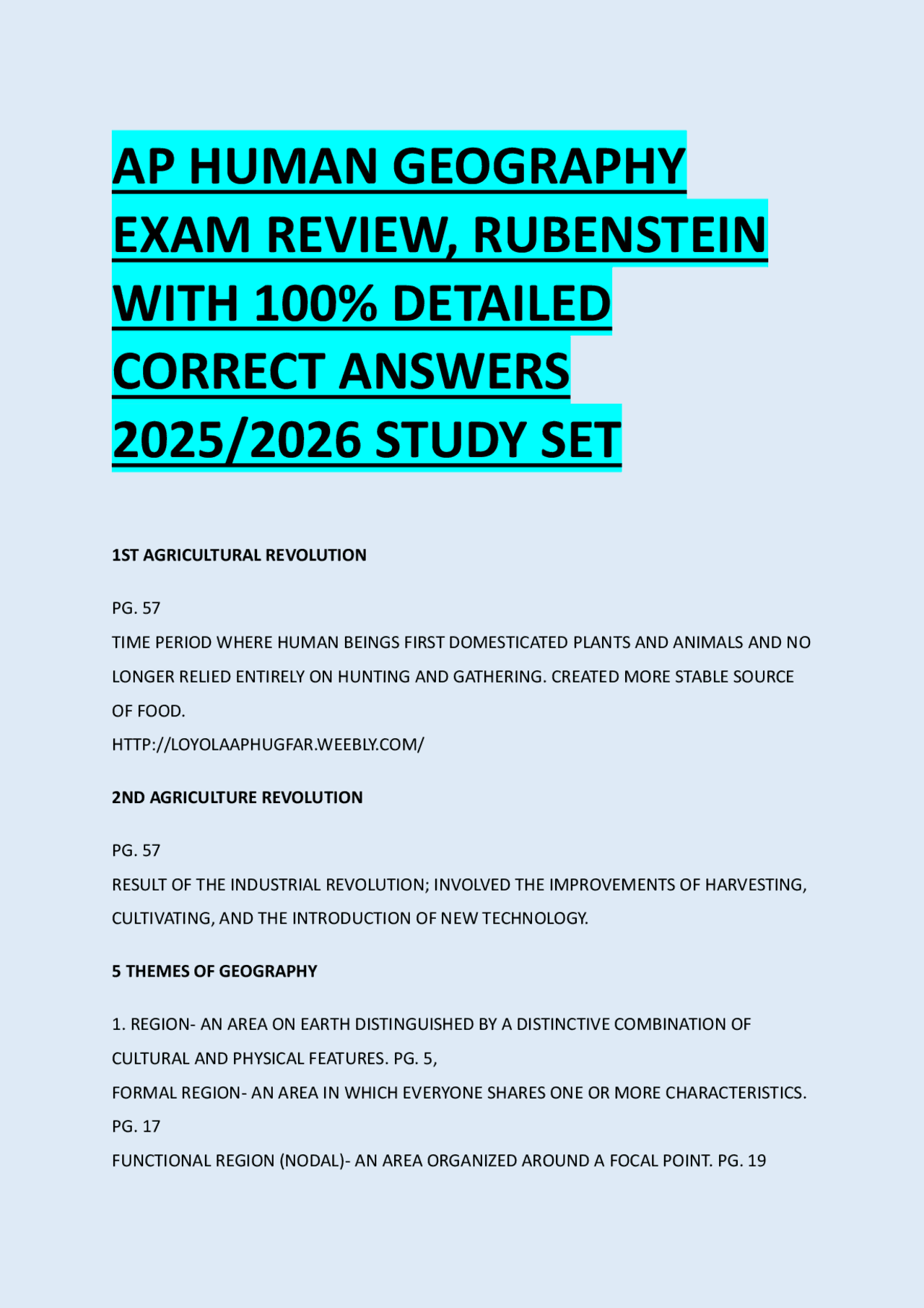 AP HUMAN GEOGRAPHY EXAM REVIEW, RUBENSTEIN WITH 100% DETAILED CORRECT ...
