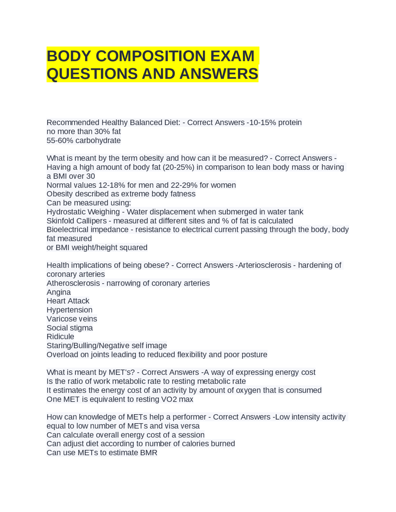 BODY COMPOSITION EXAM QUESTIONS AND ANSWERS | Exams Advanced Education ...