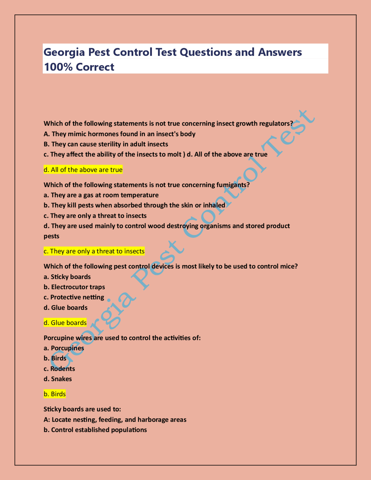 Georgia Pest Control Test Questions and Answers 100% Correct | Exams ...