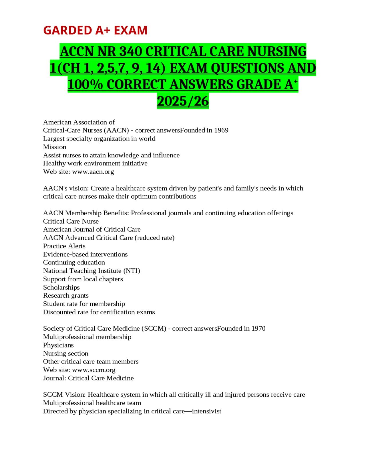 ACCN NR 340 CRITICAL CARE NURSING 1(CH 1, 2,5,7, 9, 14) EXAM QUESTIONS ...