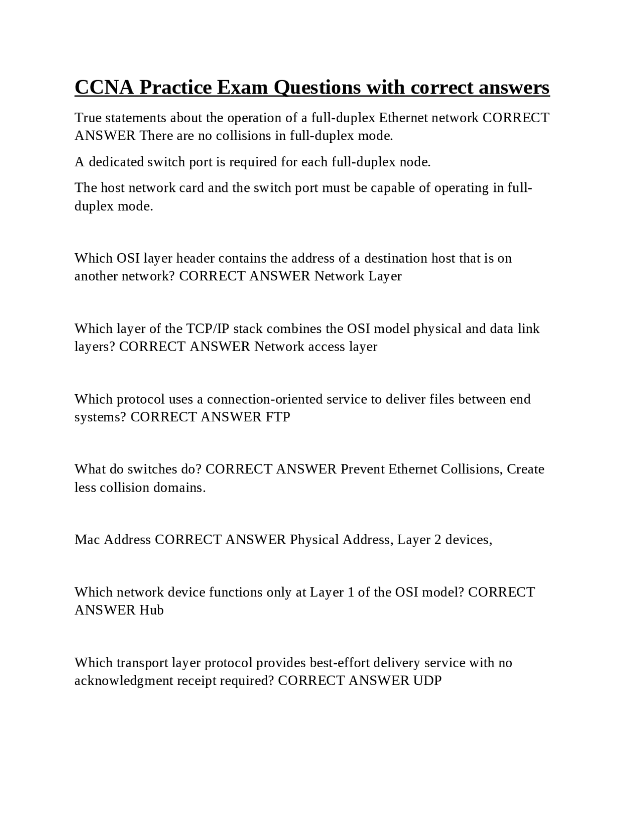 CCNA Practice Exam Questions with correct answers | Exams Computer Science | Docsity