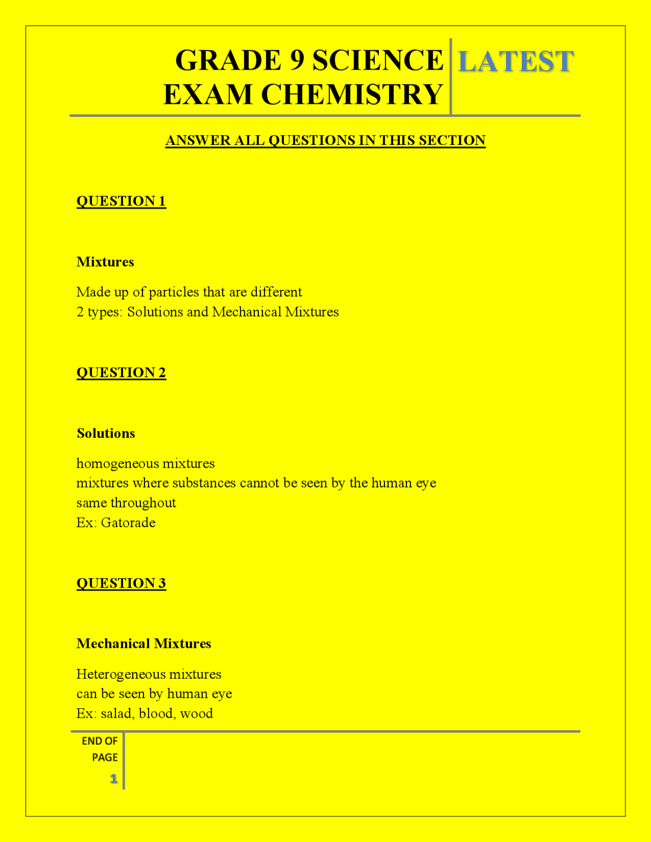 GRADE 9 SCIENCE EXAM CHEMISTRY QUESTIONS AND ANSWERS 2025 | Exams ...