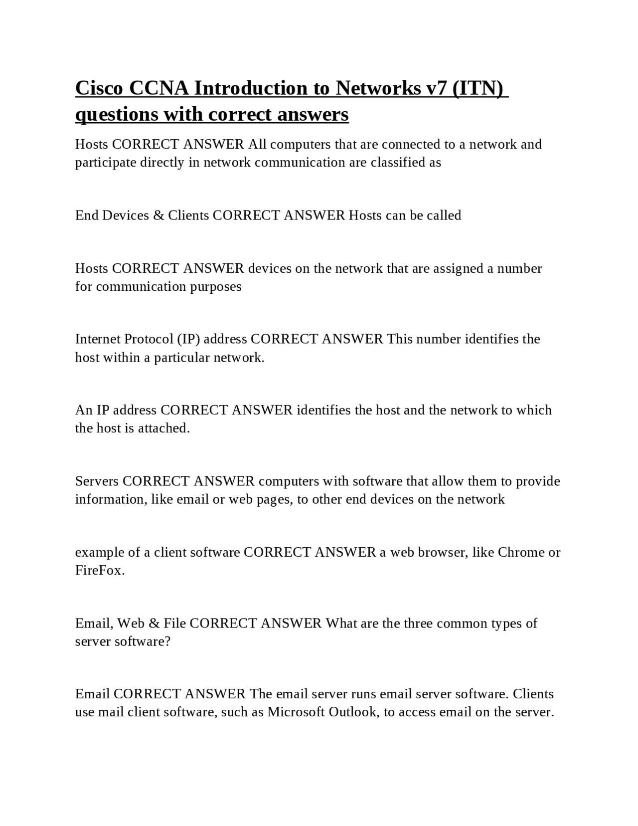 Cisco CCNA Introduction to Networks v7 (ITN) questions with correct answers | Exams Computer ...